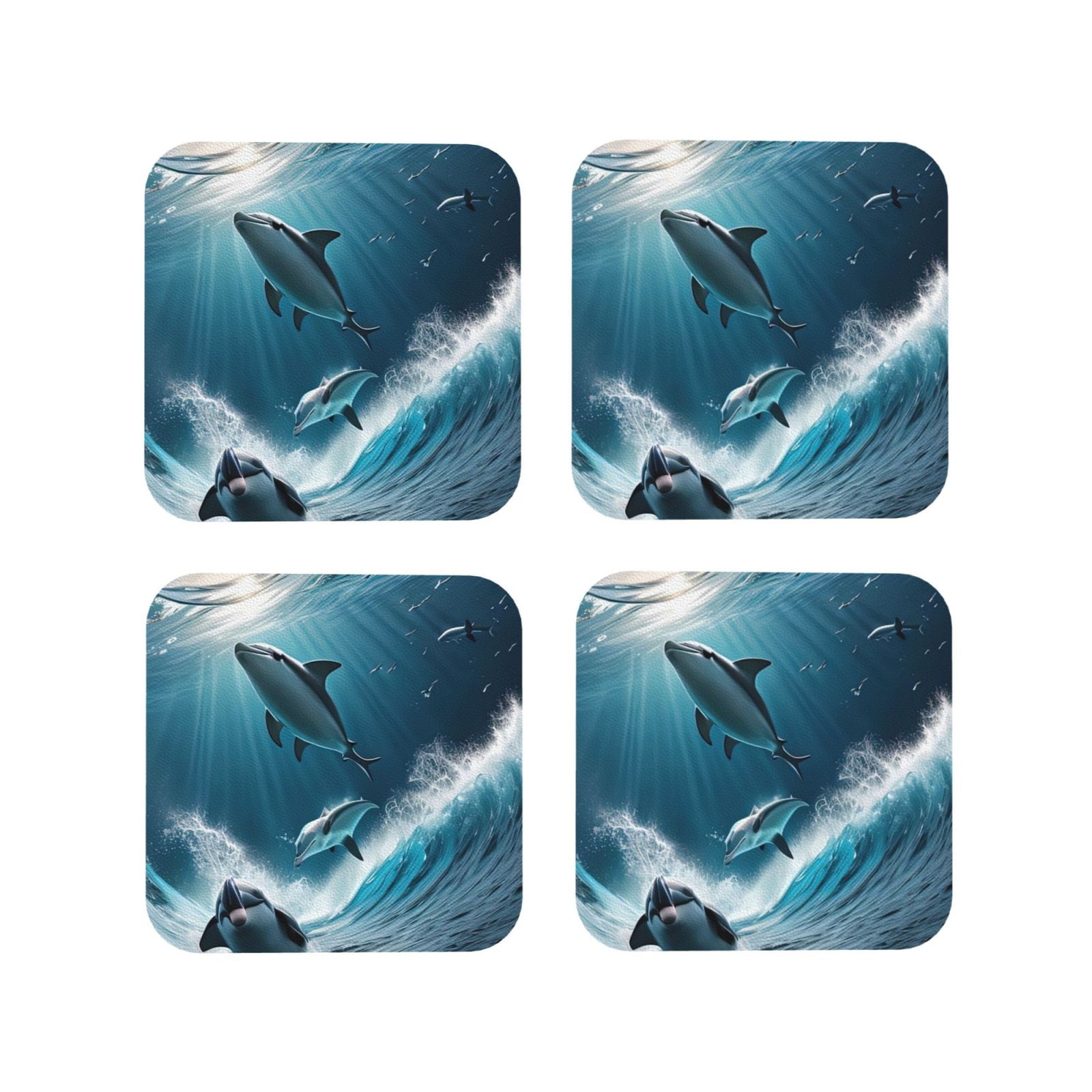 Fuzoiu Ice Blue Ocean Cute Dolphin A Print Leather Coasters Set,Drink ...