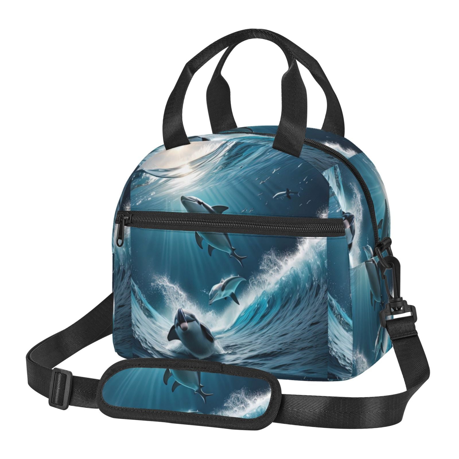 Fuzoiu Ice Blue Ocean Cute Dolphin A Print Insulated Lunch Bag for Women Men Large Reusable ...