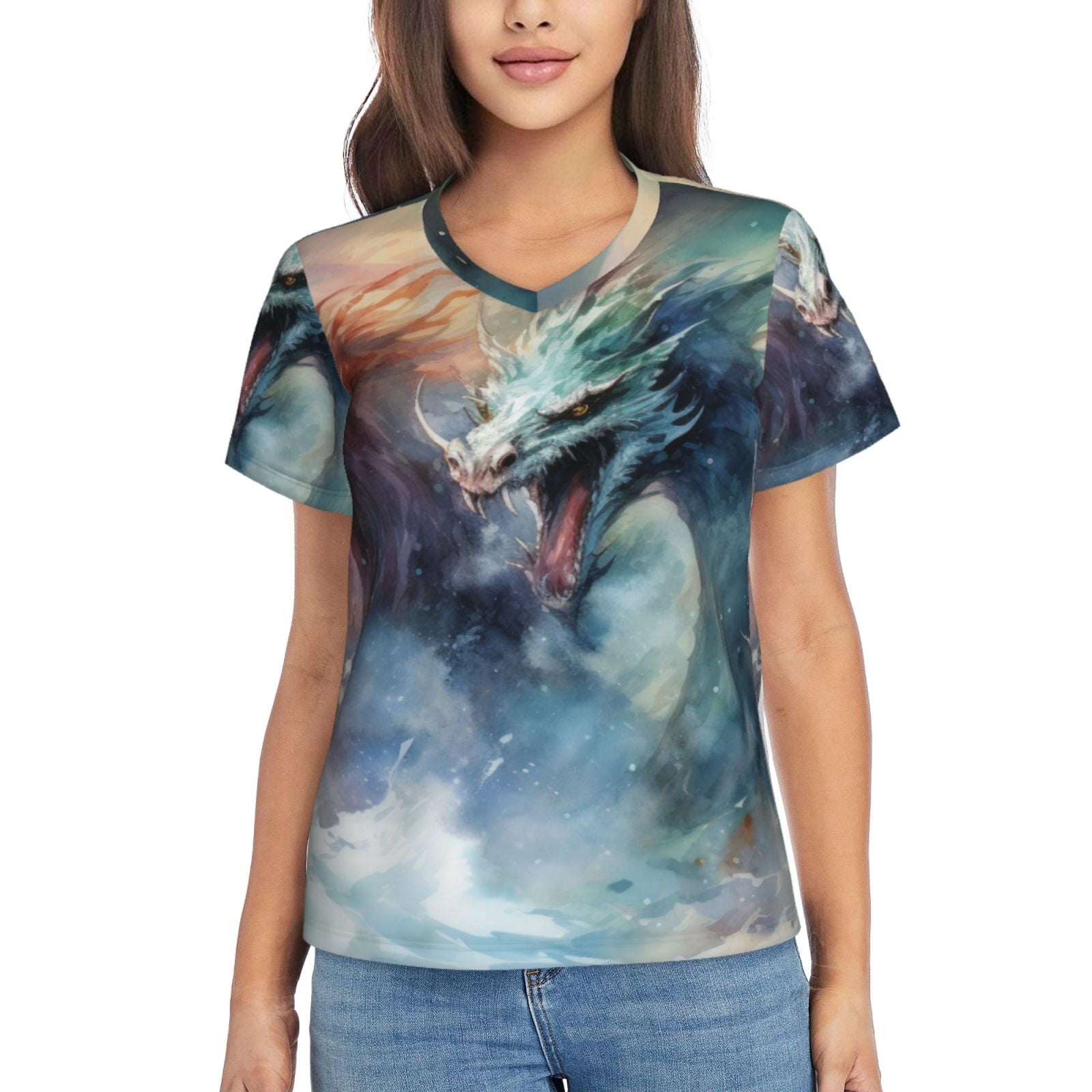 Fuzoiu Ink Style Wave Dragon Print Women's Classic V-Neck T-Shirt, Short Sleeve V Neck Tees for ...