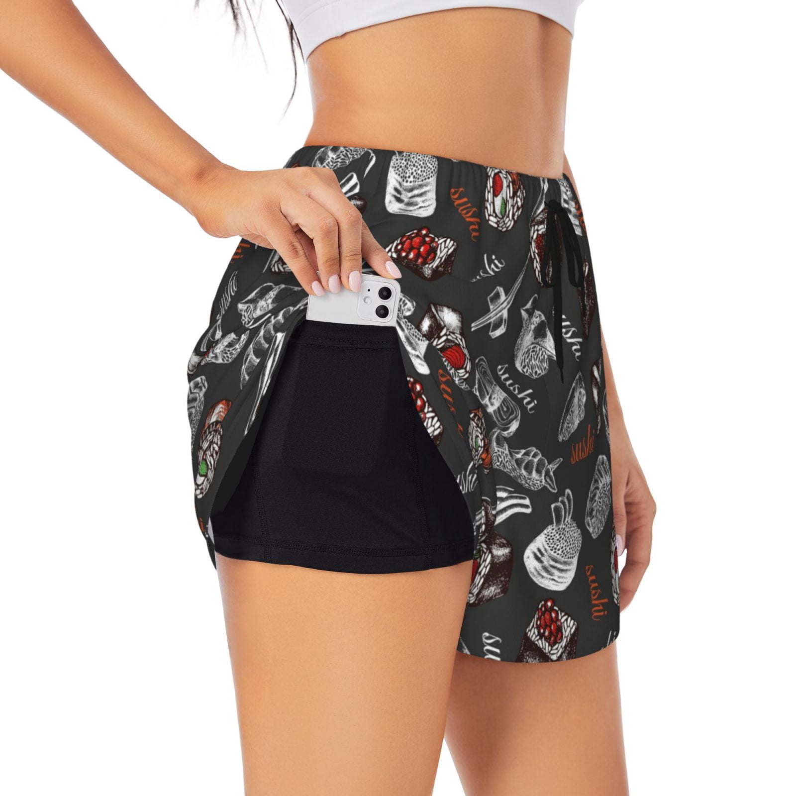 Fuzoiu Japanese Sushi Hashi Print Women's Athletic Shorts, Double-Layer ...