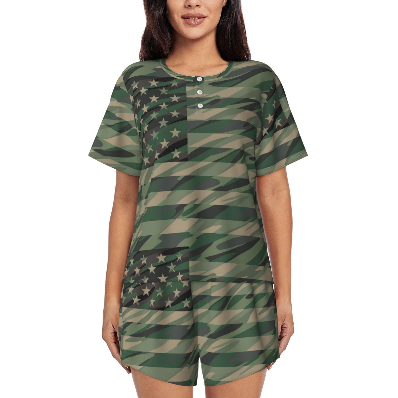 Fuzoiu Jungle Green Camo USA Flag Print Women's Short-Sleeved Pajama ...