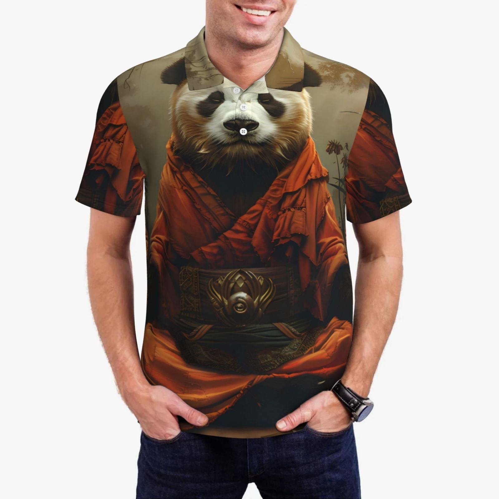 Fuzoiu Jungle Meditating Panda Print Men's Polo Shirts Short Sleeve ...