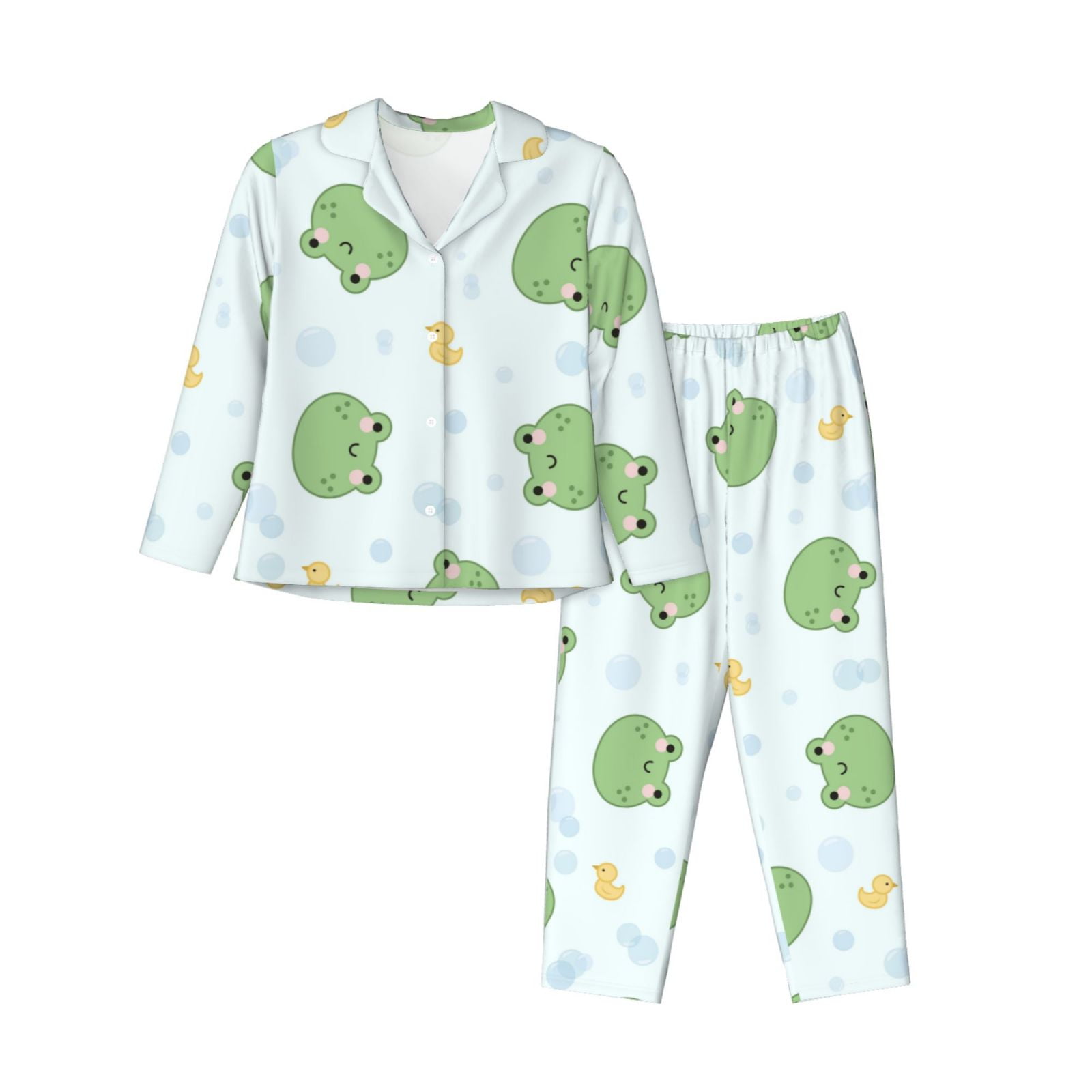 Fuzoiu Kawaii Frogs Print Women's Long-Sleeved Pajama,Lounge Button ...
