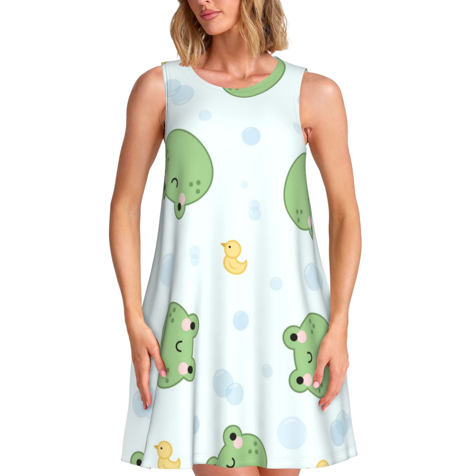 Fuzoiu Kawaii Frogs Print Women's Sleeveless Dress,Summer Dresses for ...