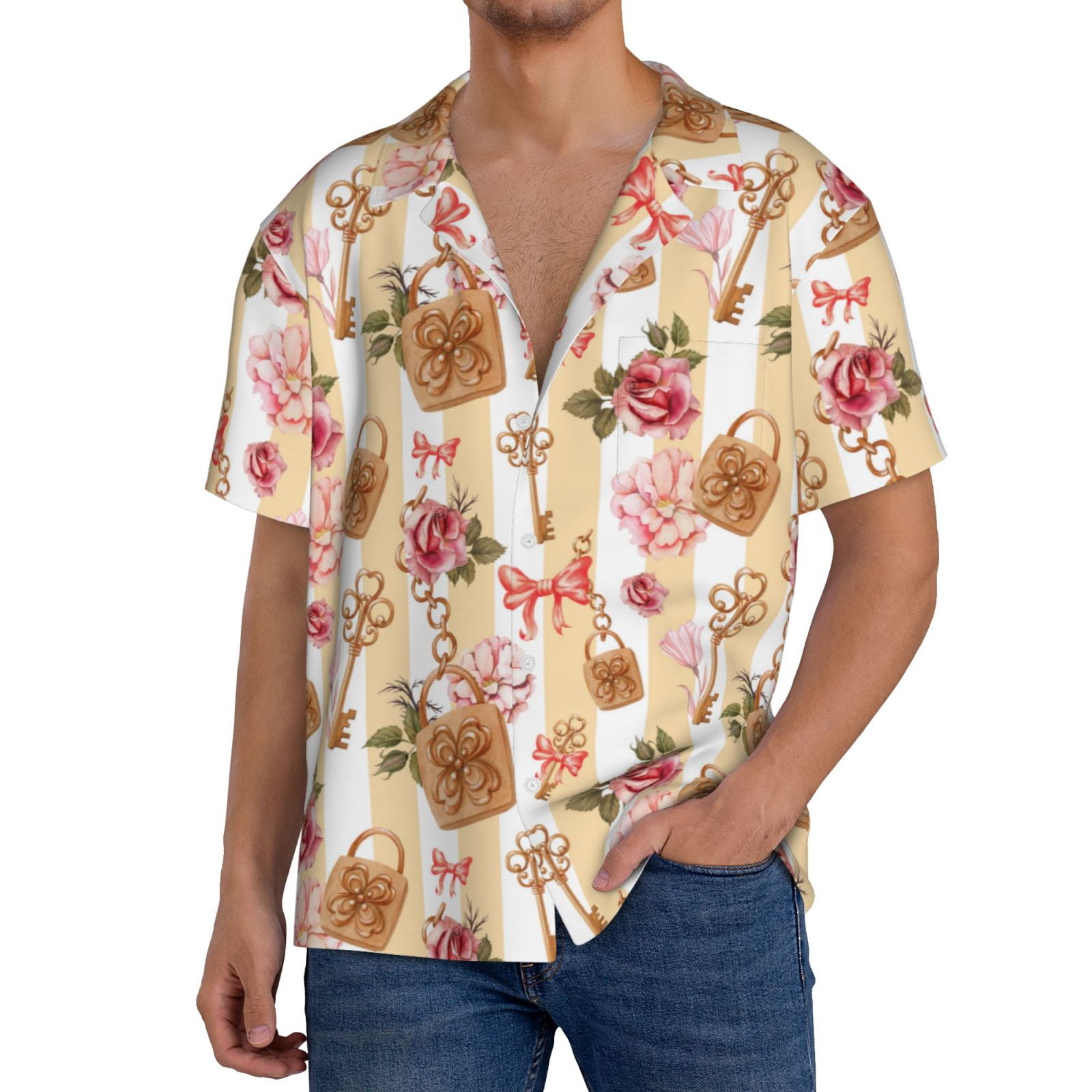 Fuzoiu Key Lock And Flowers Print Men's Casual Short,Men's Short Sleeve ...