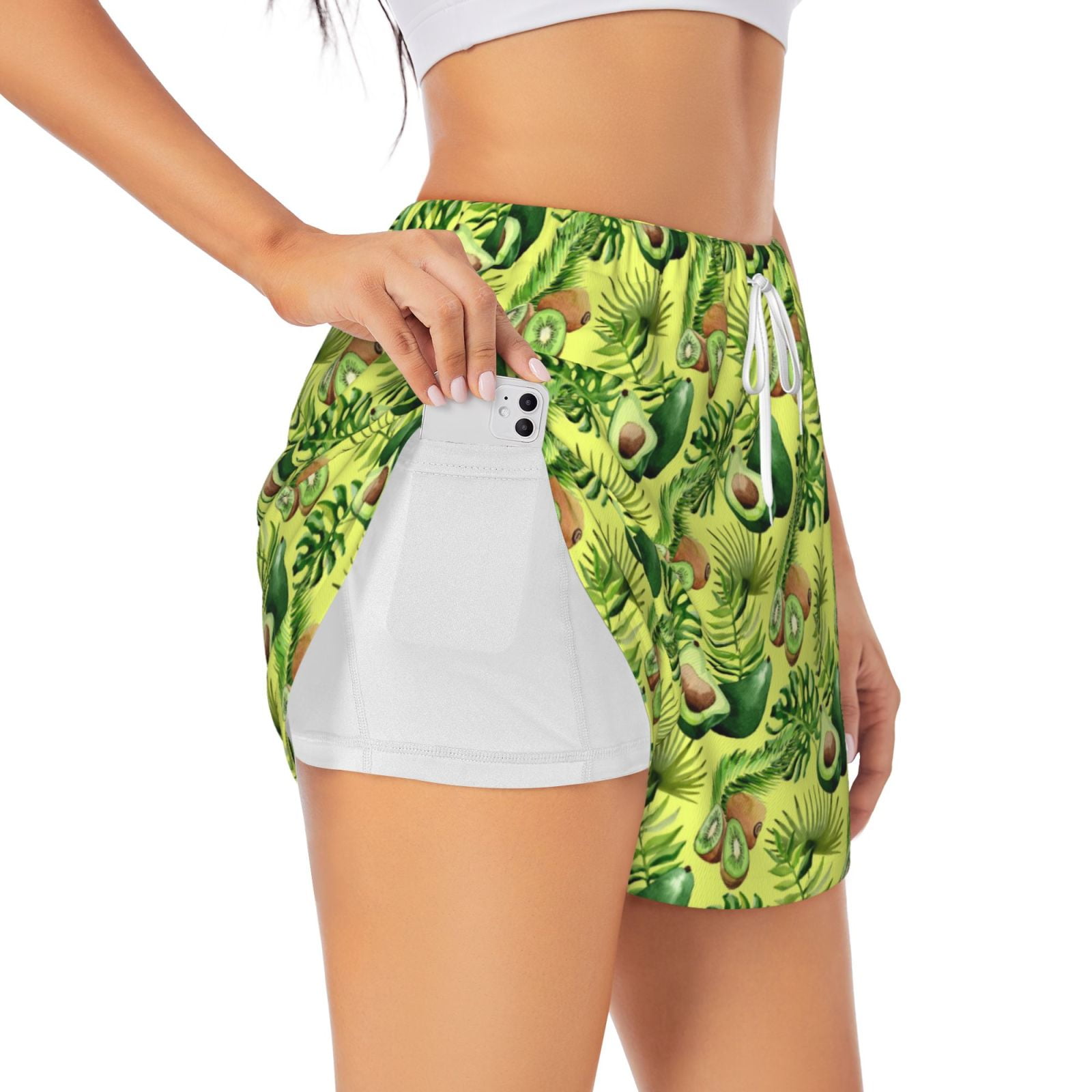 Fuzoiu Kiwi and Avocado Print Women's Athletic Shorts, Double-Layer ...