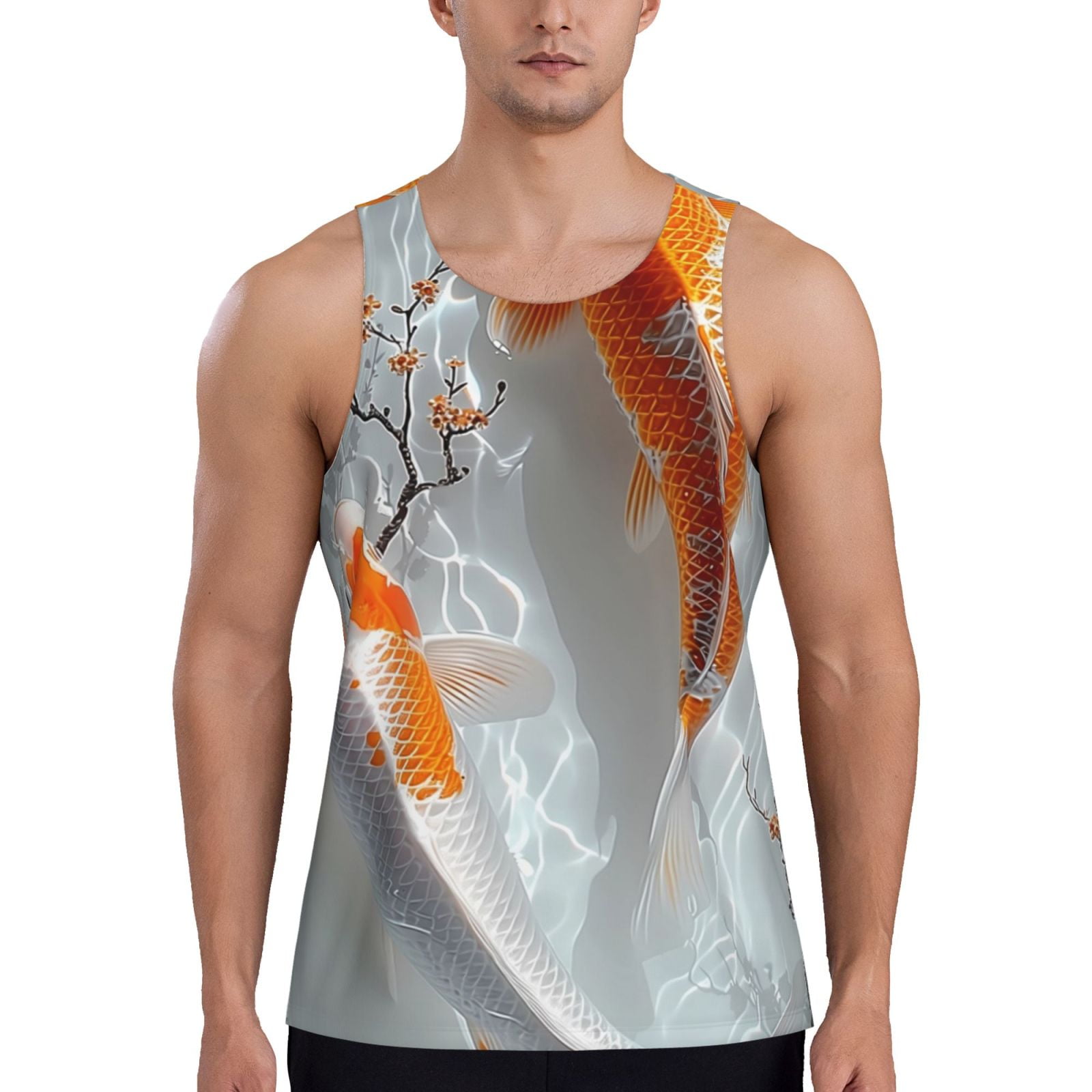 Fuzoiu Koi Fish Water Print Men's Workout Tank Tops,Sleeveless Gym ...