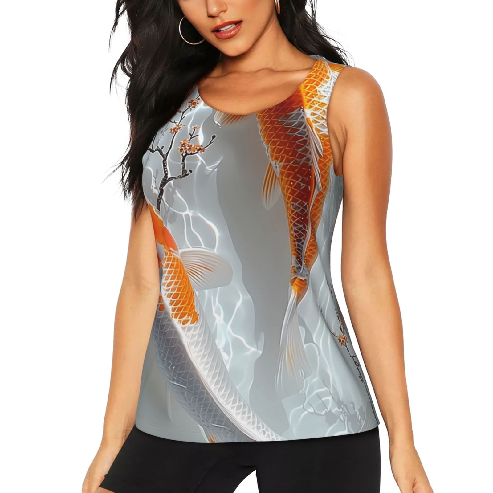 Fuzoiu Koi Fish Water Print Women's Workout Tank Top,Athletic Racerback ...