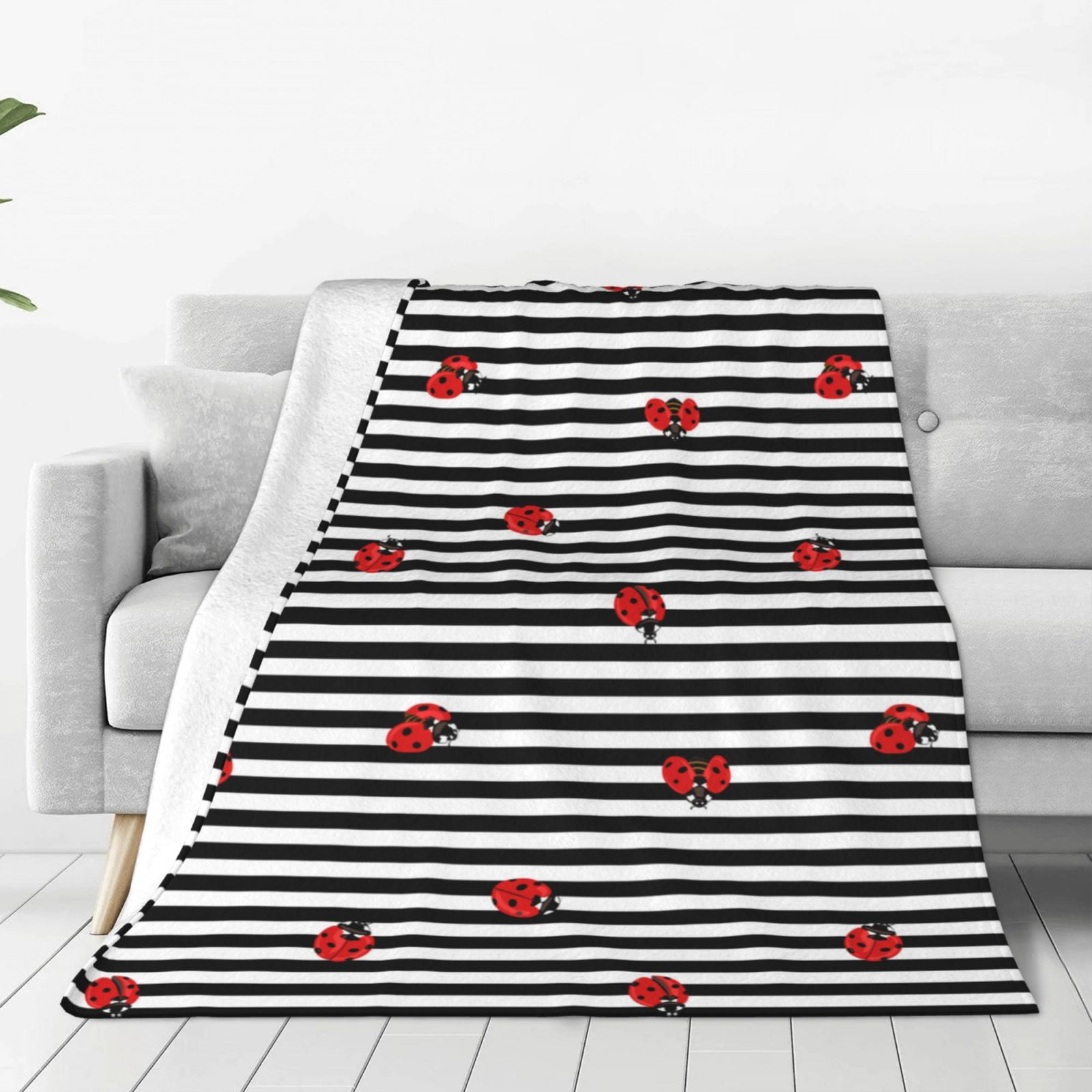 Fuzoiu Ladybugs on Black and White Striped Print Ultra-Soft Micro ...