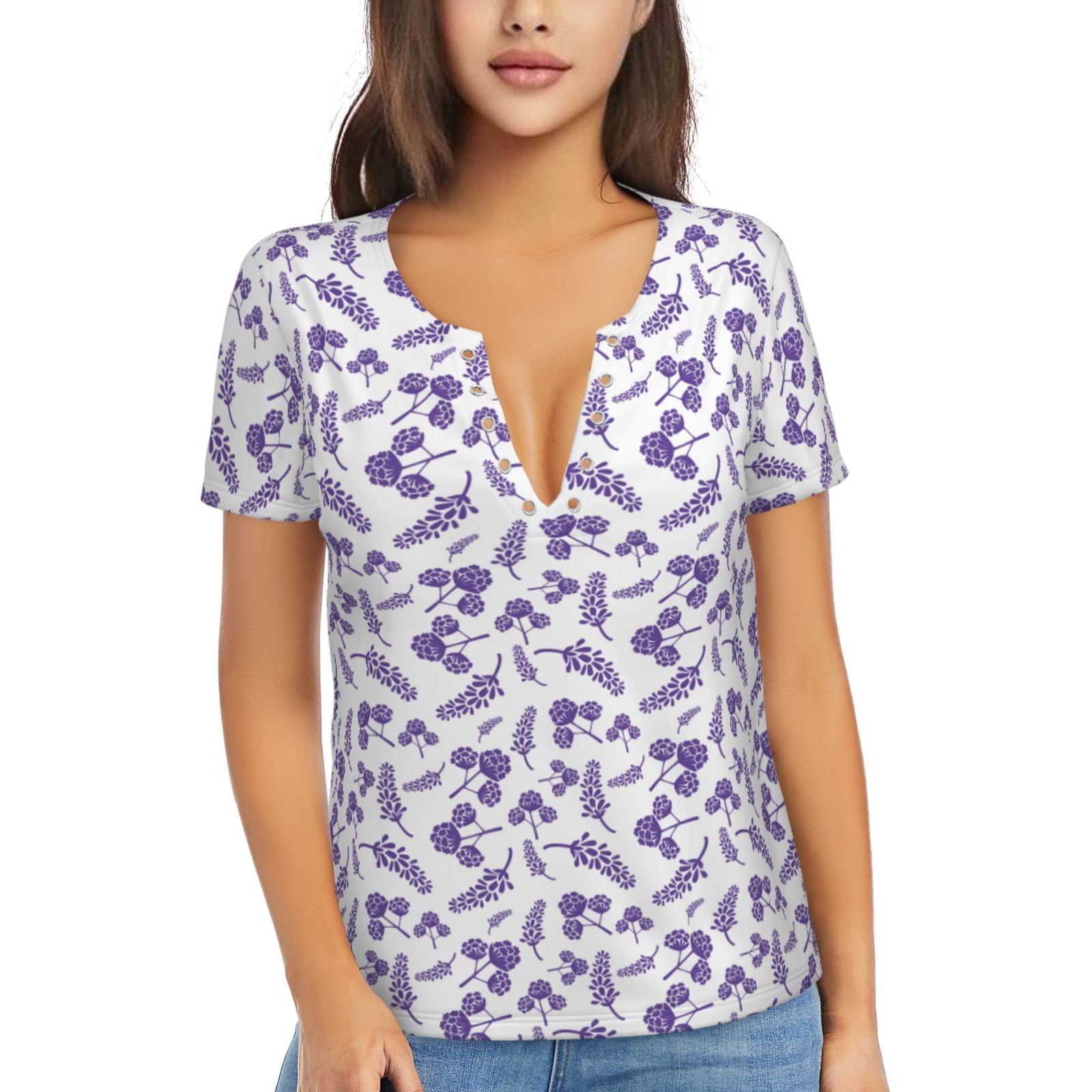 Fuzoiu Lavender Flowers Print Women's V-Neck T-Shirt,Women's Short ...