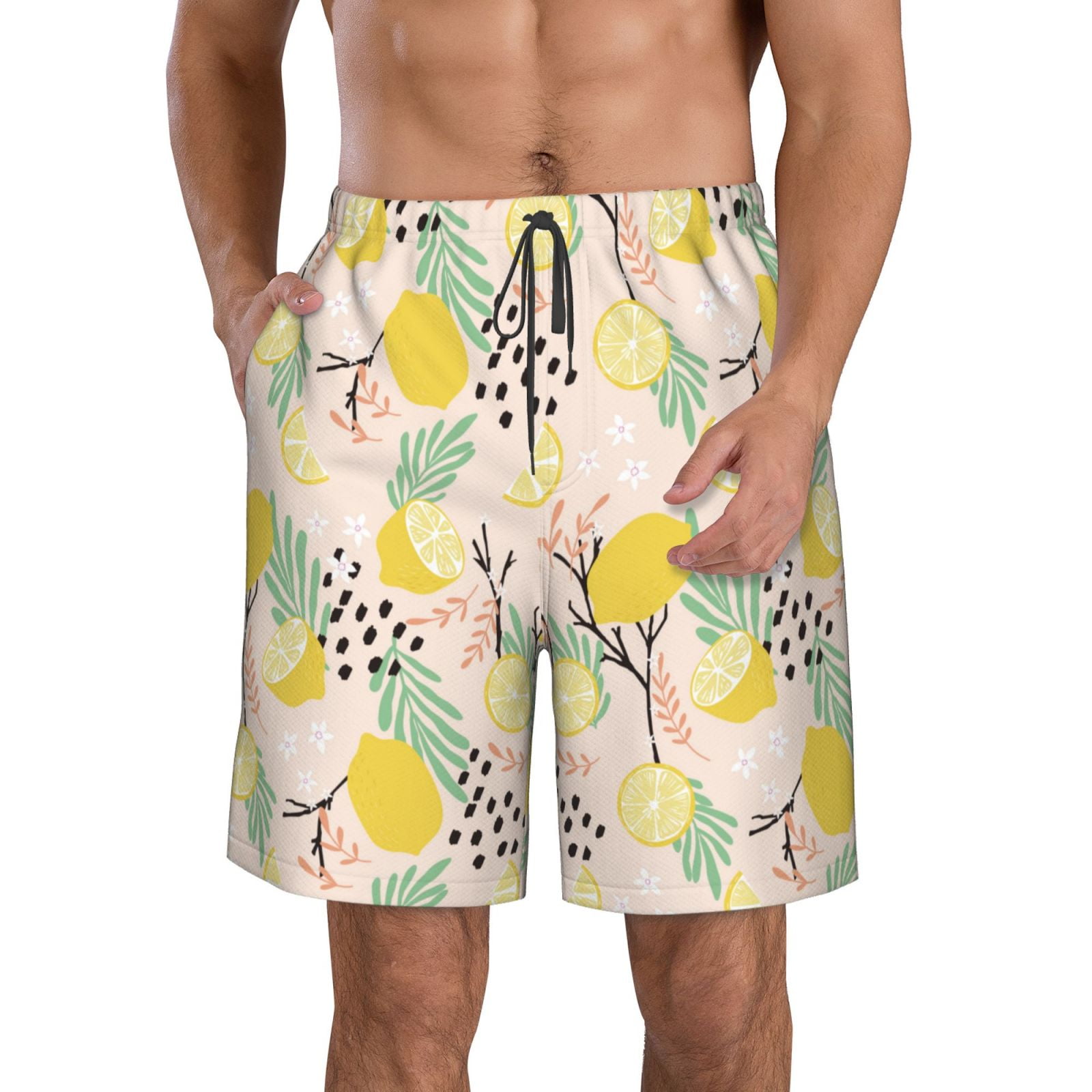 Fuzoiu Lemon Leaves Print Men's Beach Shorts,Men's Swim Trunks,Quick ...