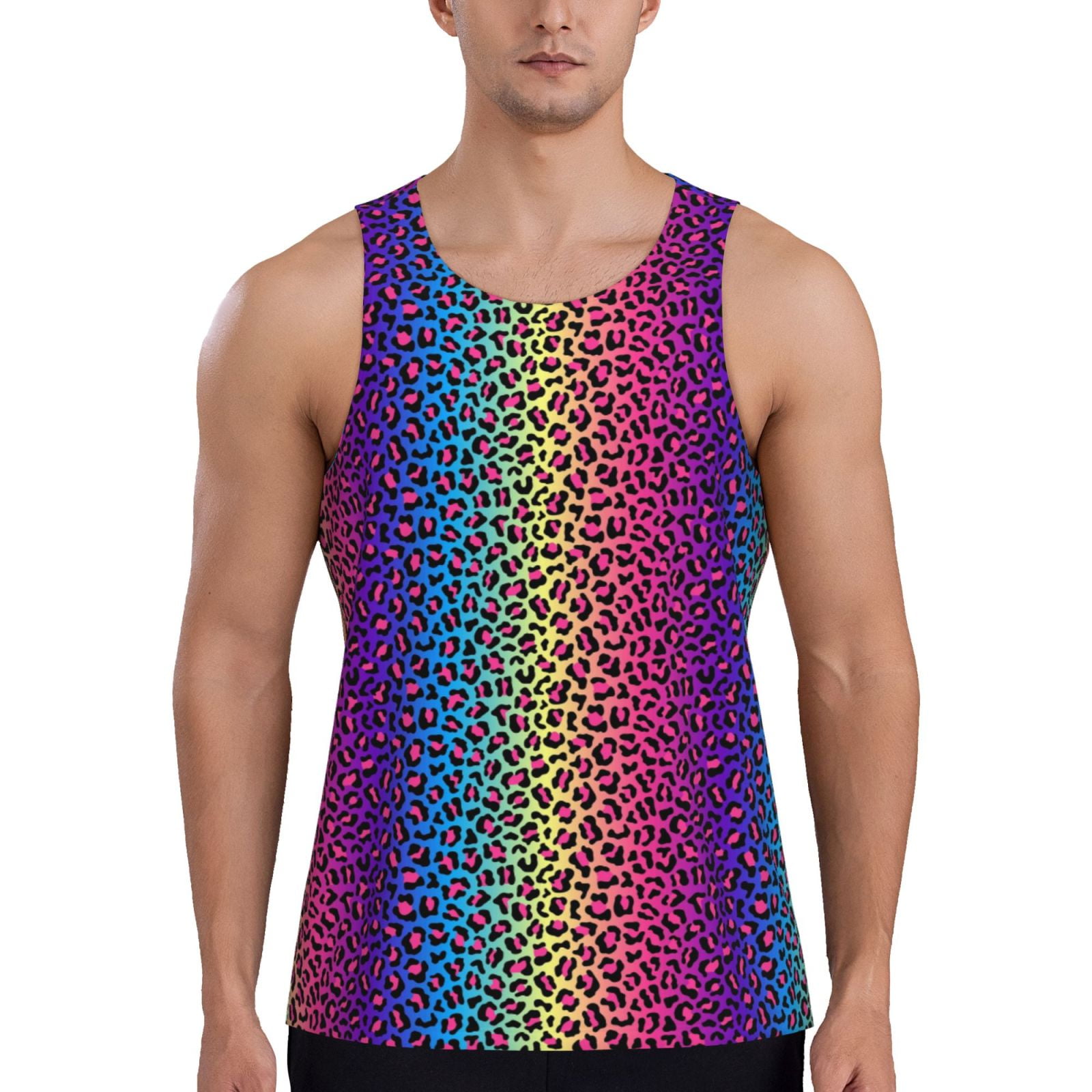 Fuzoiu Leopard Neon Rainbow Gradient Print Men's Workout Tank Tops ...
