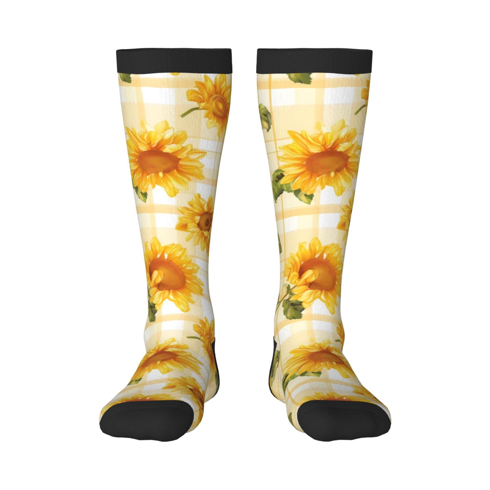 Fuzoiu Light Yellow Plaid Sunflower Print Adult Stockings,Crew Socks ...