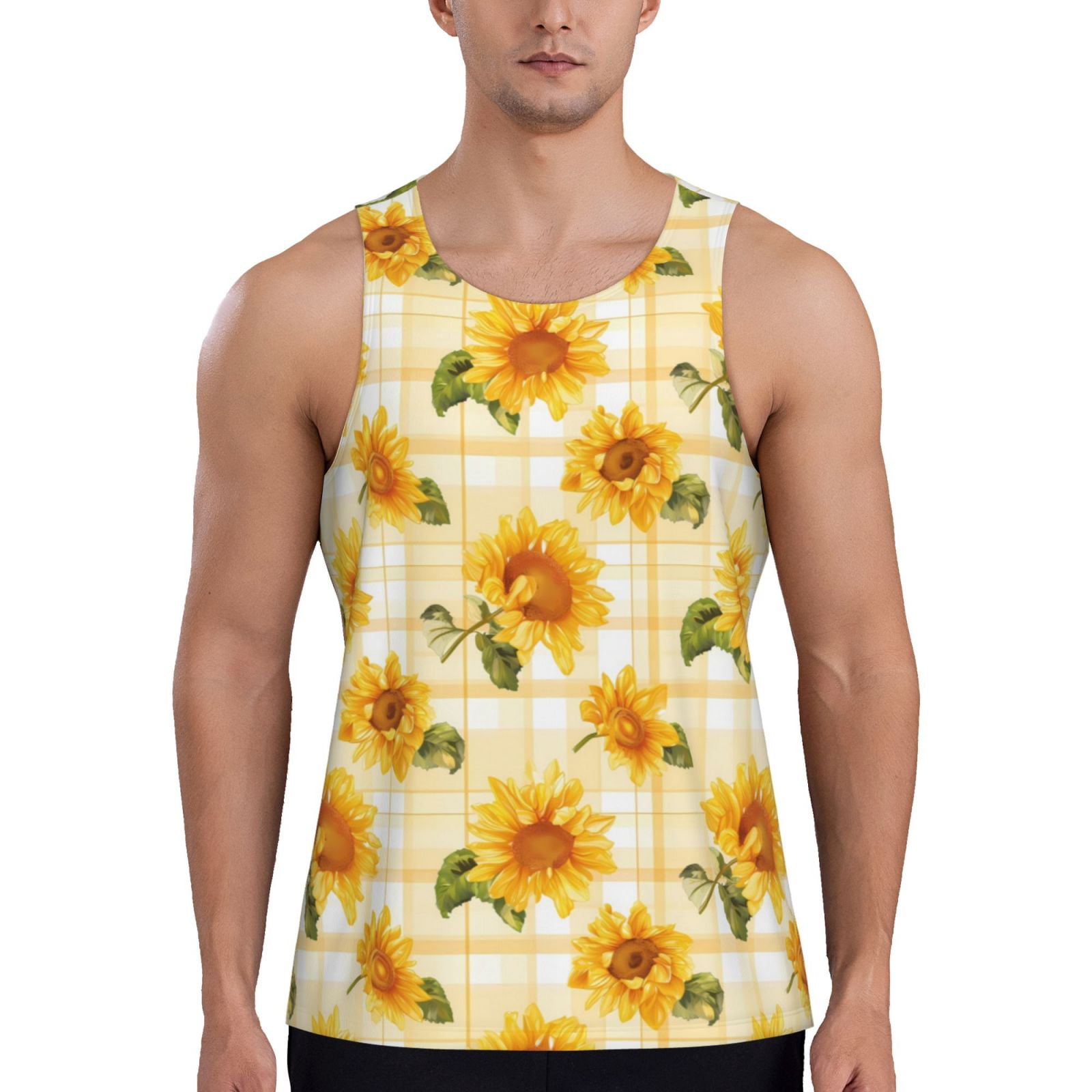 Fuzoiu Light Yellow Plaid Sunflower Print Men's Workout Tank Tops ...