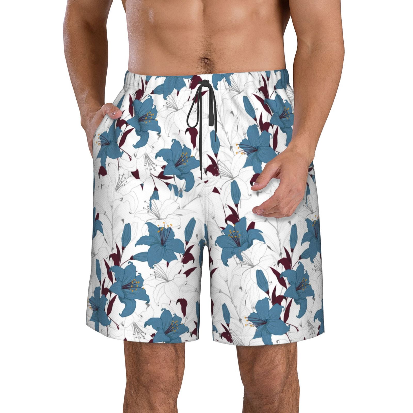 Fuzoiu Lilies Flowers Print Men's Beach Shorts,Men's Swim Trunks,Quick ...