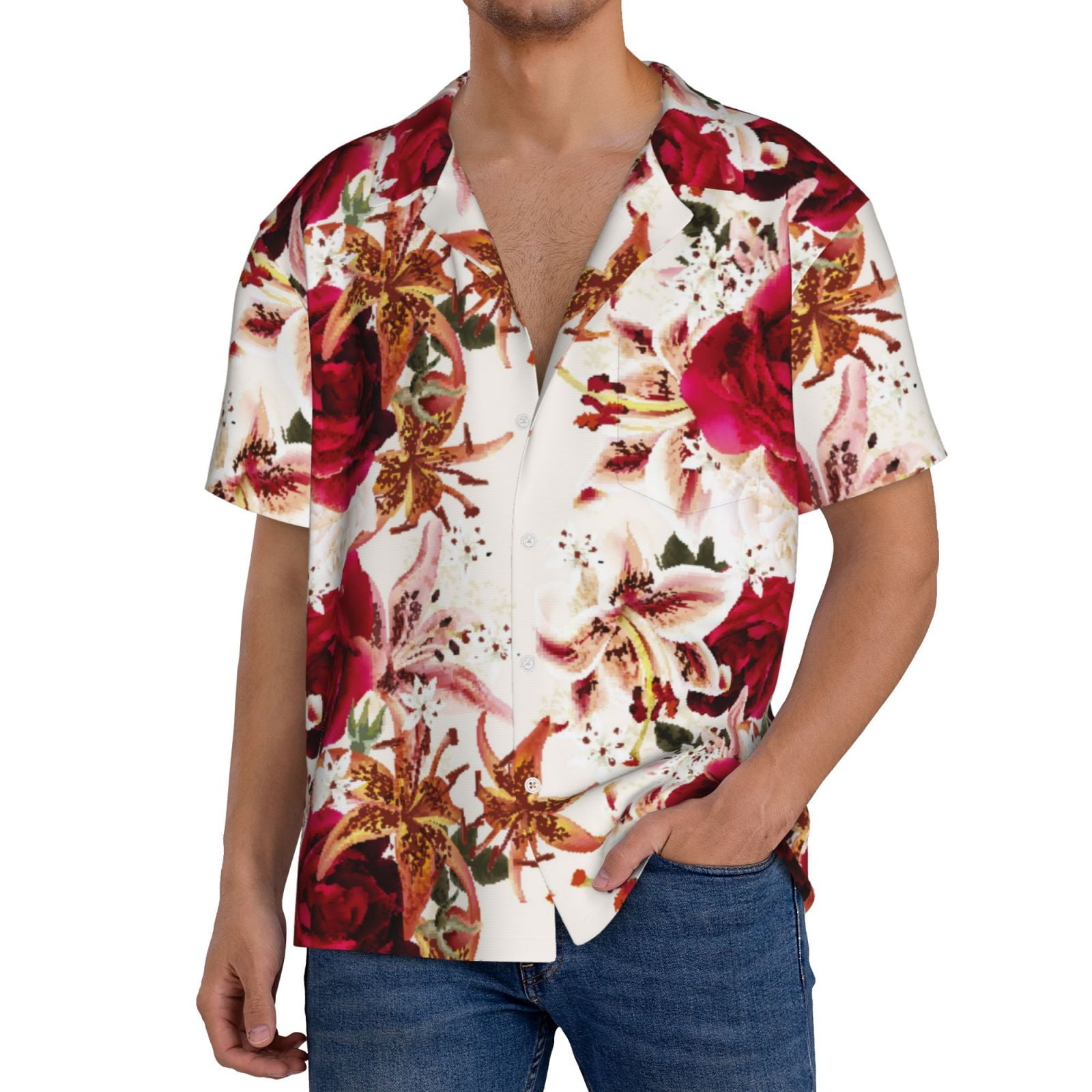 Fuzoiu Lilies Flowers Print Men's Casual Short,Men's Short Sleeve Shirt ...