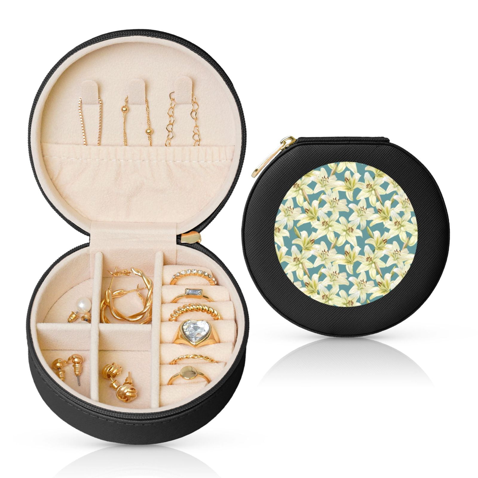 Fuzoiu Lilies Flowers Print Portable Jewelry Box,Round Mini Leather ...
