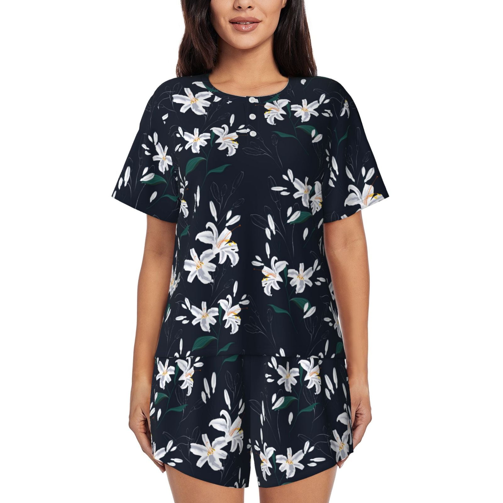 Fuzoiu Lilies Flowers Print Women's Short-Sleeved Pajama Set,Lounge ...