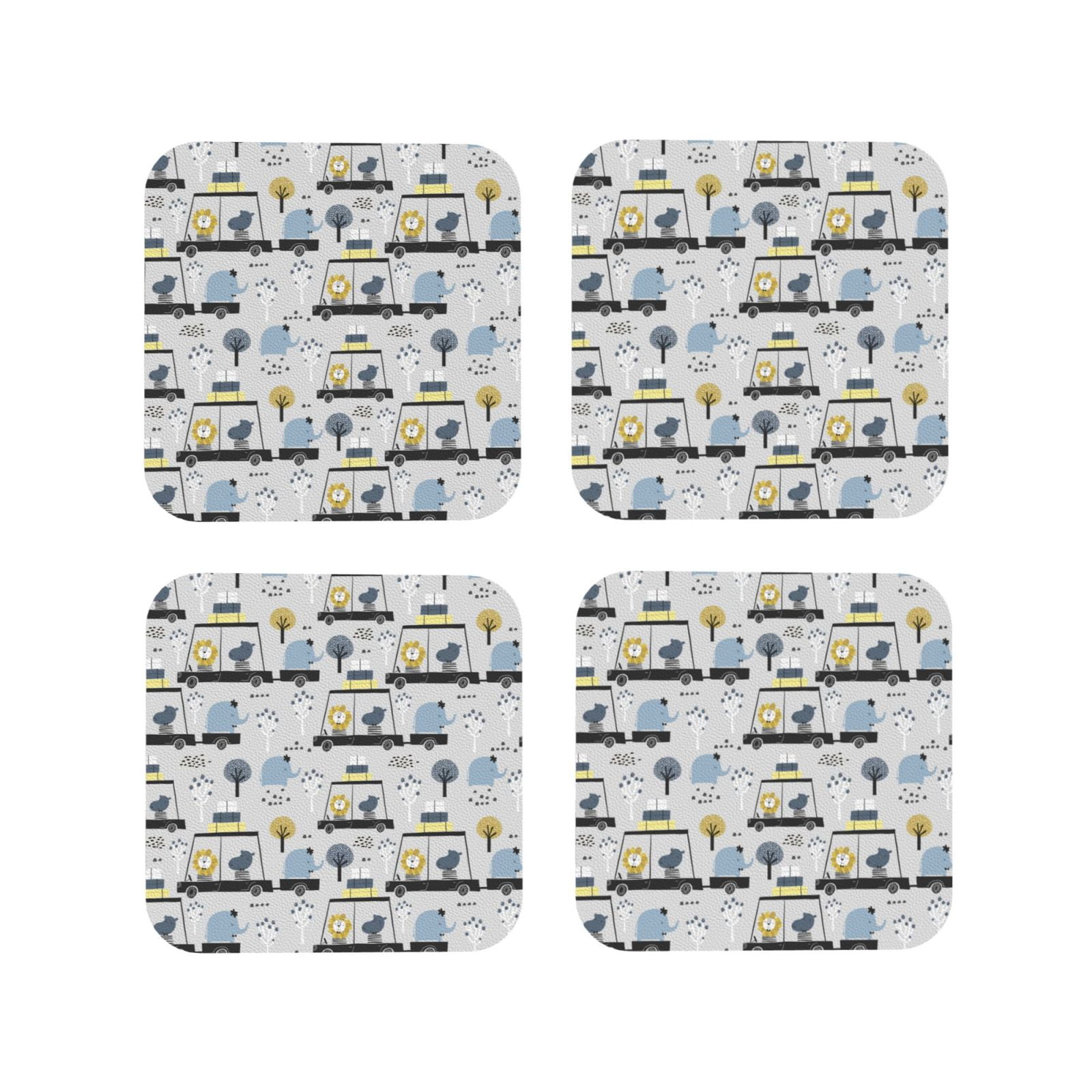 Fuzoiu Lion Hippo Elephant On The Car Print Leather Coasters Set,Drink ...