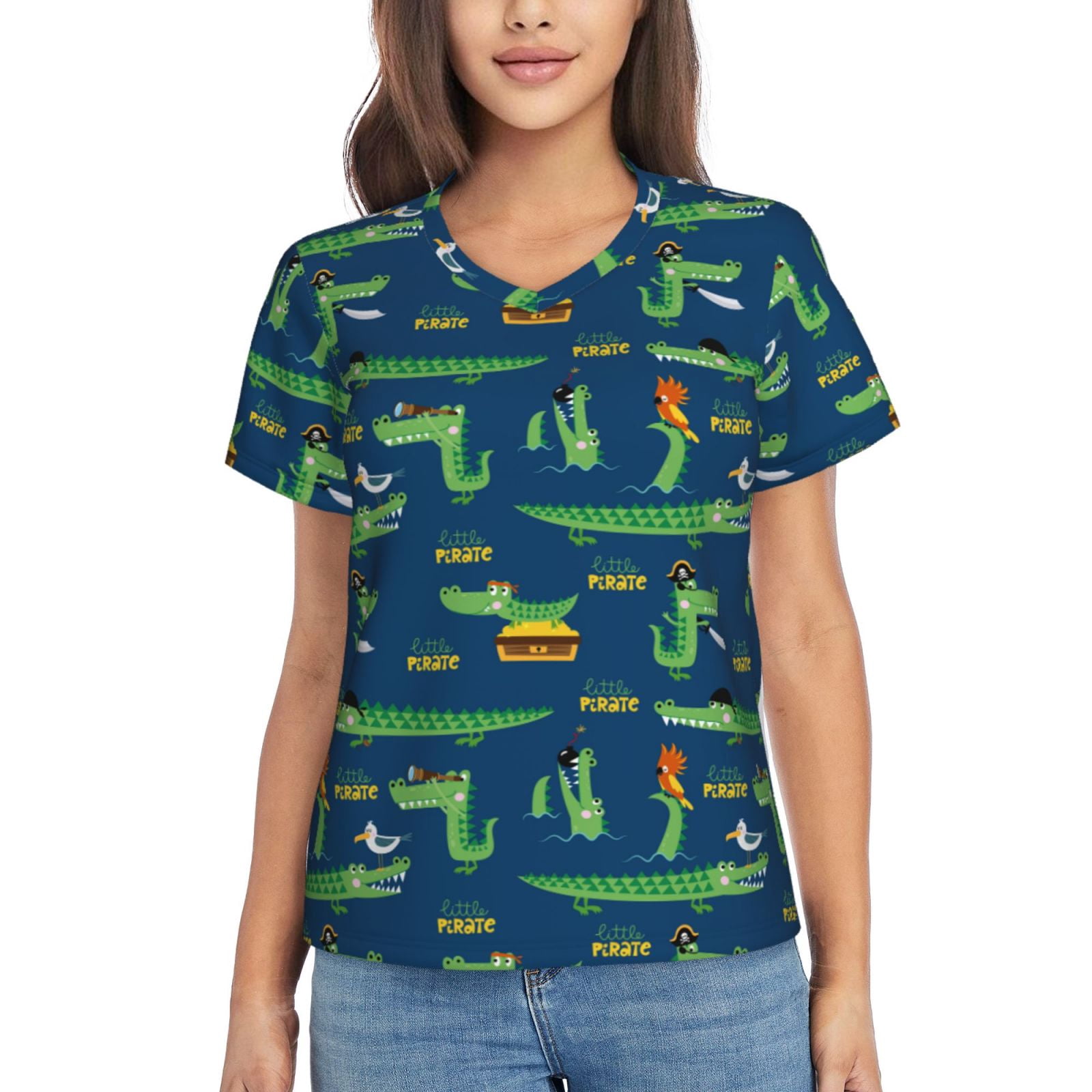 Fuzoiu Little Pirate Crocodile Print Women's Classic V-Neck T-Shirt ...