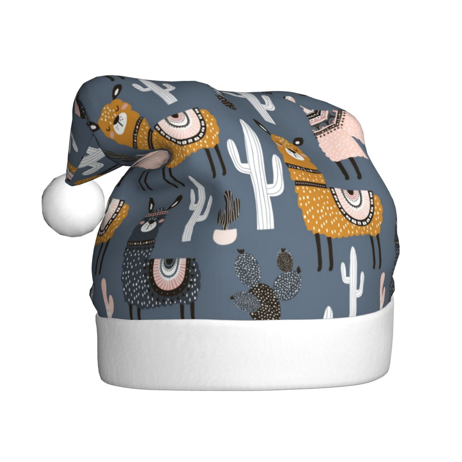 Fuzoiu Llama and Cactus Print Santa Hat Christmas Hat for Adults,Santa ...