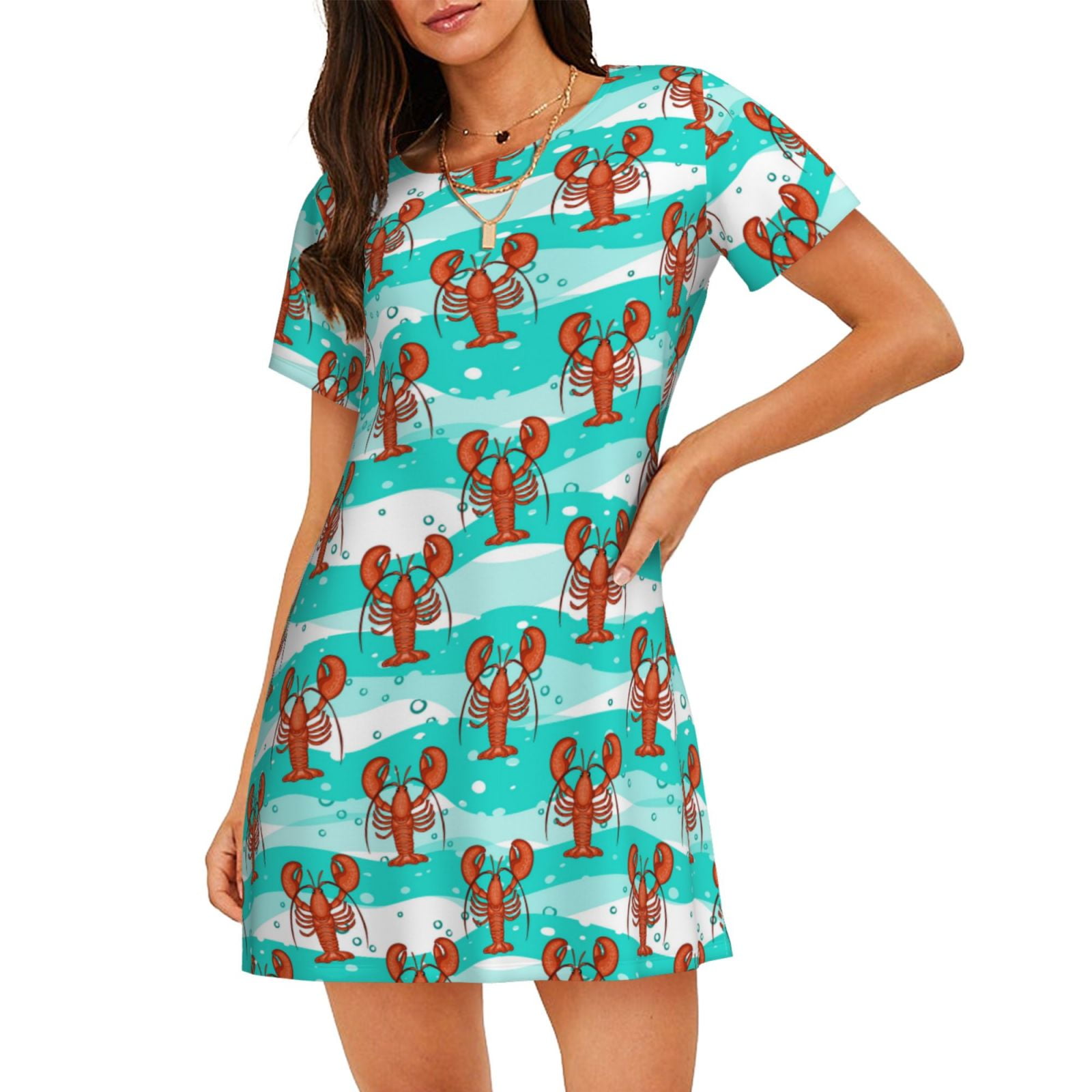 Fuzoiu Lobsters Of Turquoise Waves Print Women Nightgowns, Soft Comfy ...
