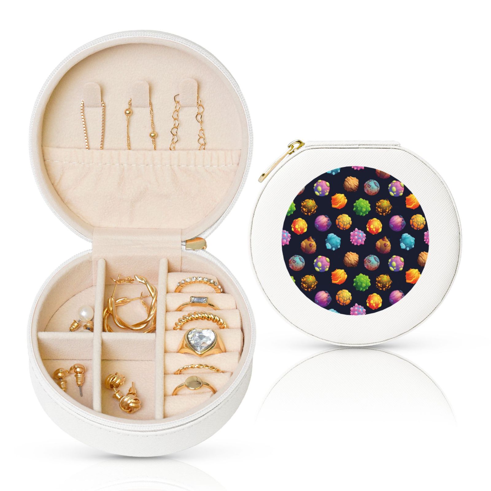 Fuzoiu Lovely Planet Print Portable Jewelry Box,Round Mini Leather ...