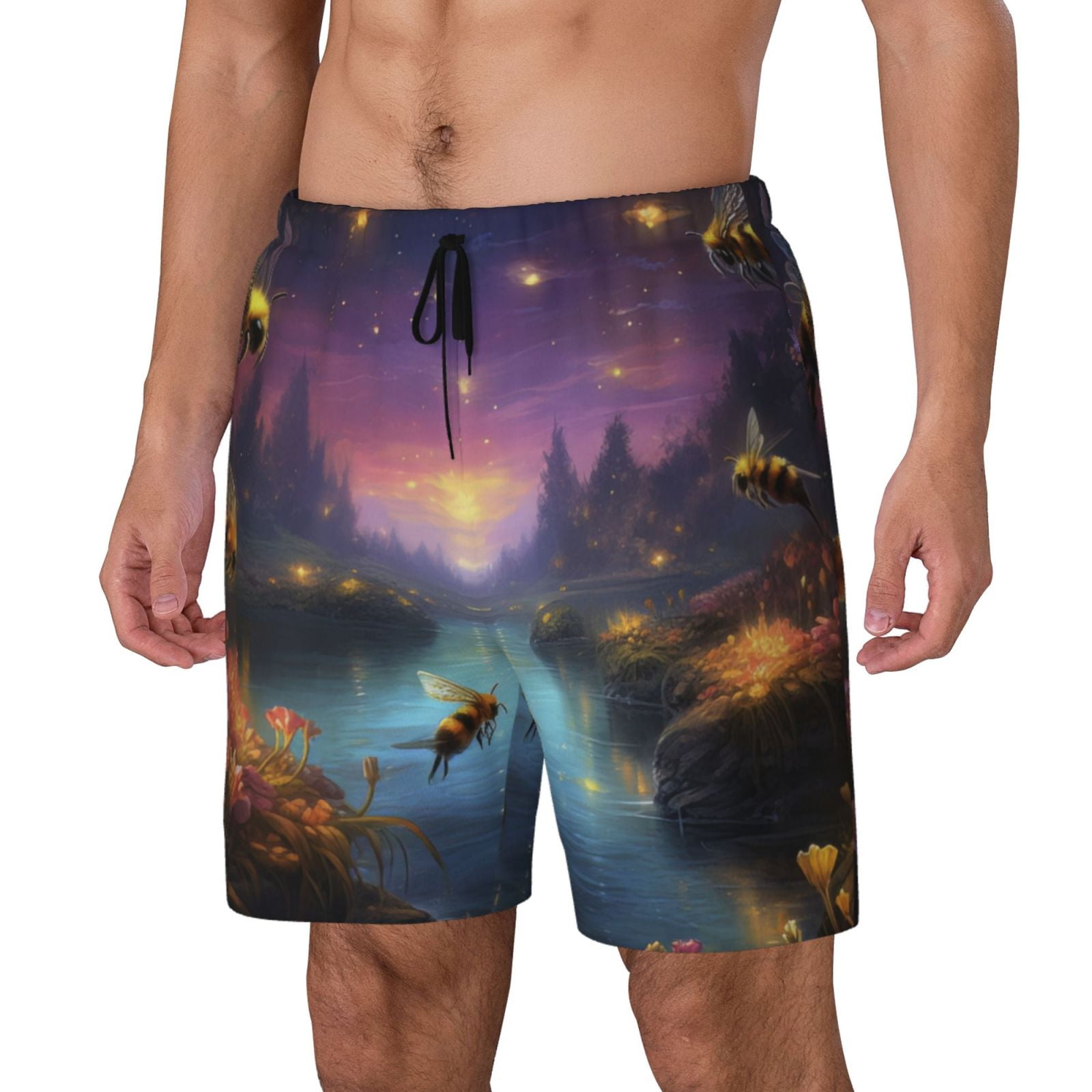 Fuzoiu Magical Bees Twilight River Print Men's Swim Shorts,Quick-Dry ...