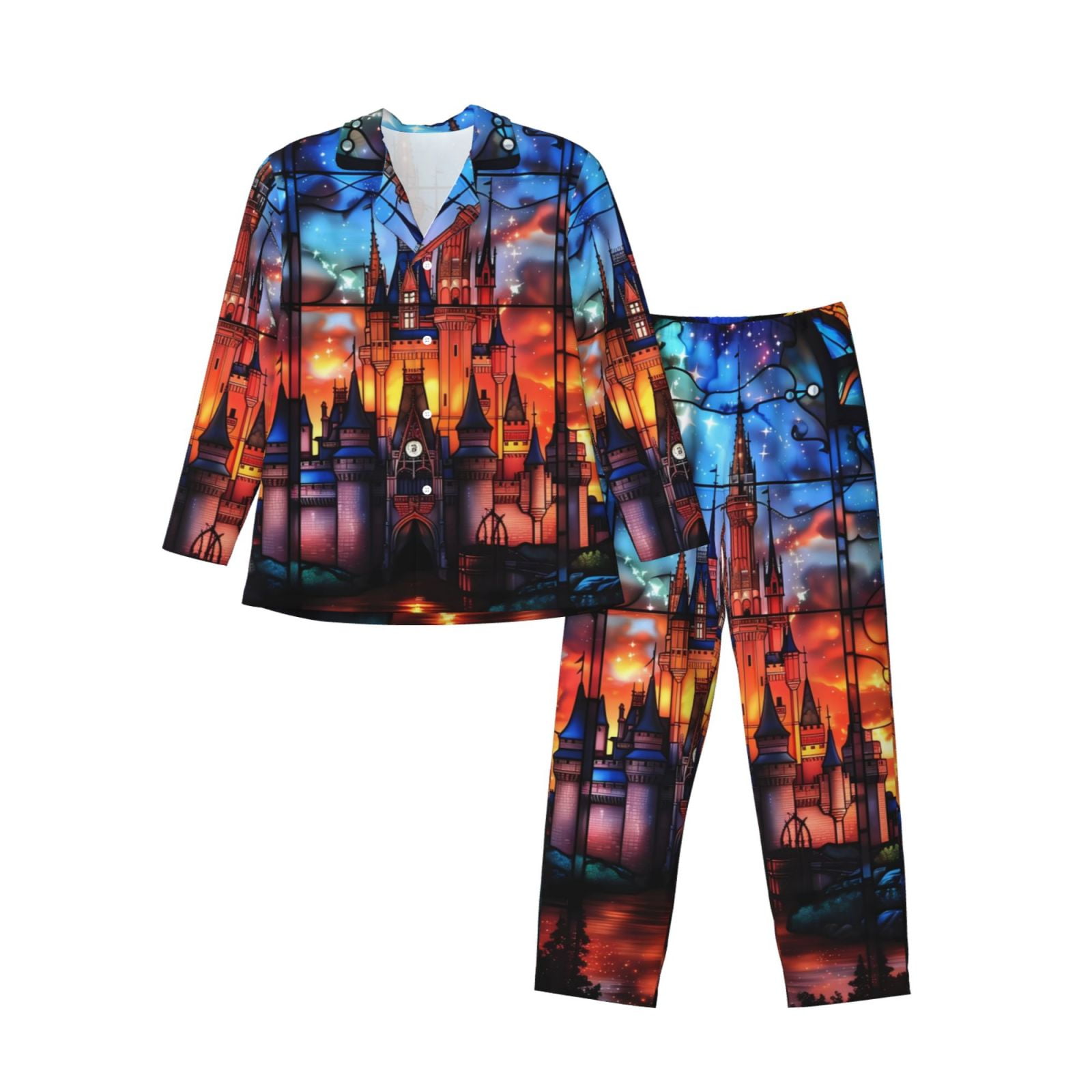 Fuzoiu Magical Stained Glass Castle Print Men's Long-Sleeved Pajama ...