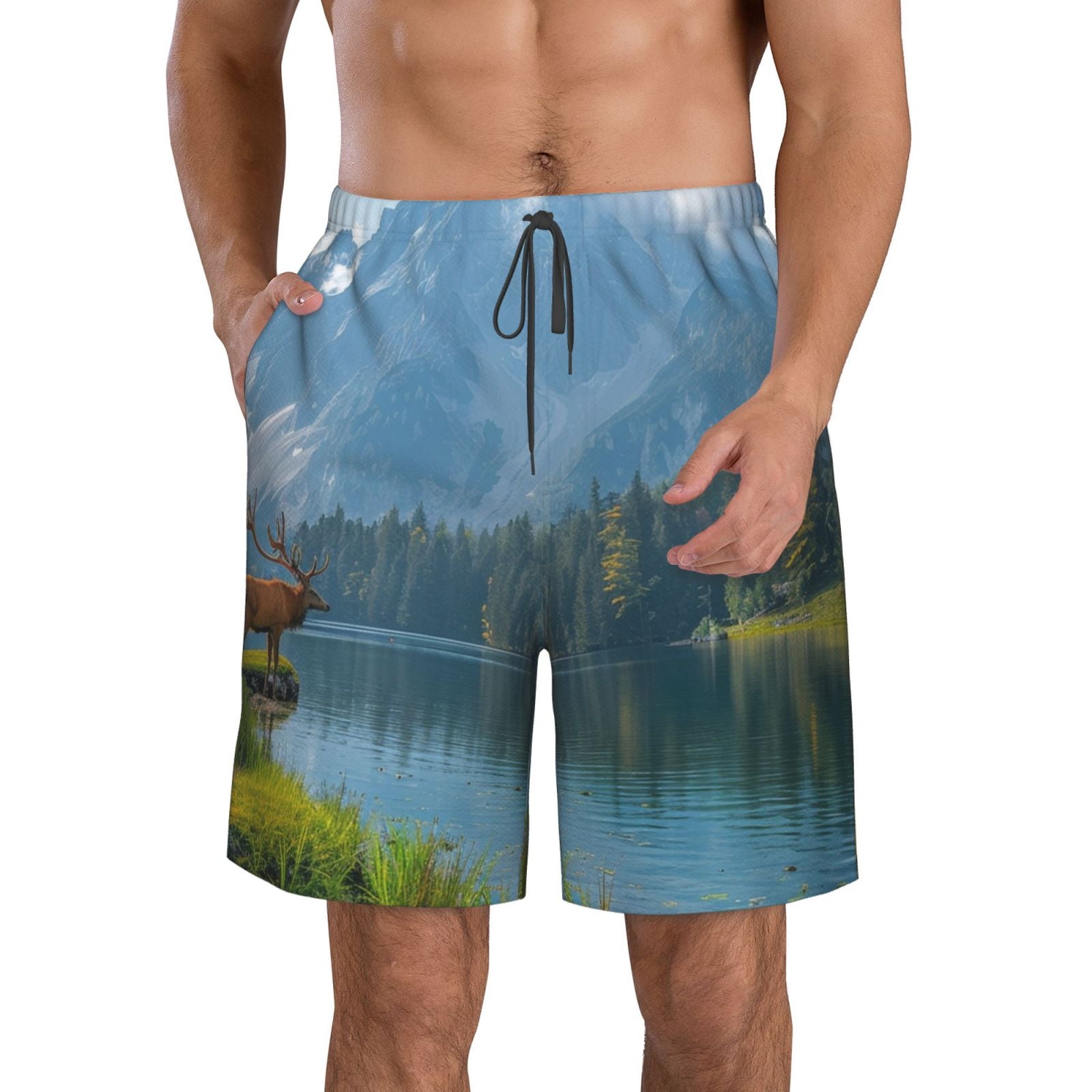 Fuzoiu Majestic Deer Mountain Lake Print Men's Beach Shorts,Men's Swim ...