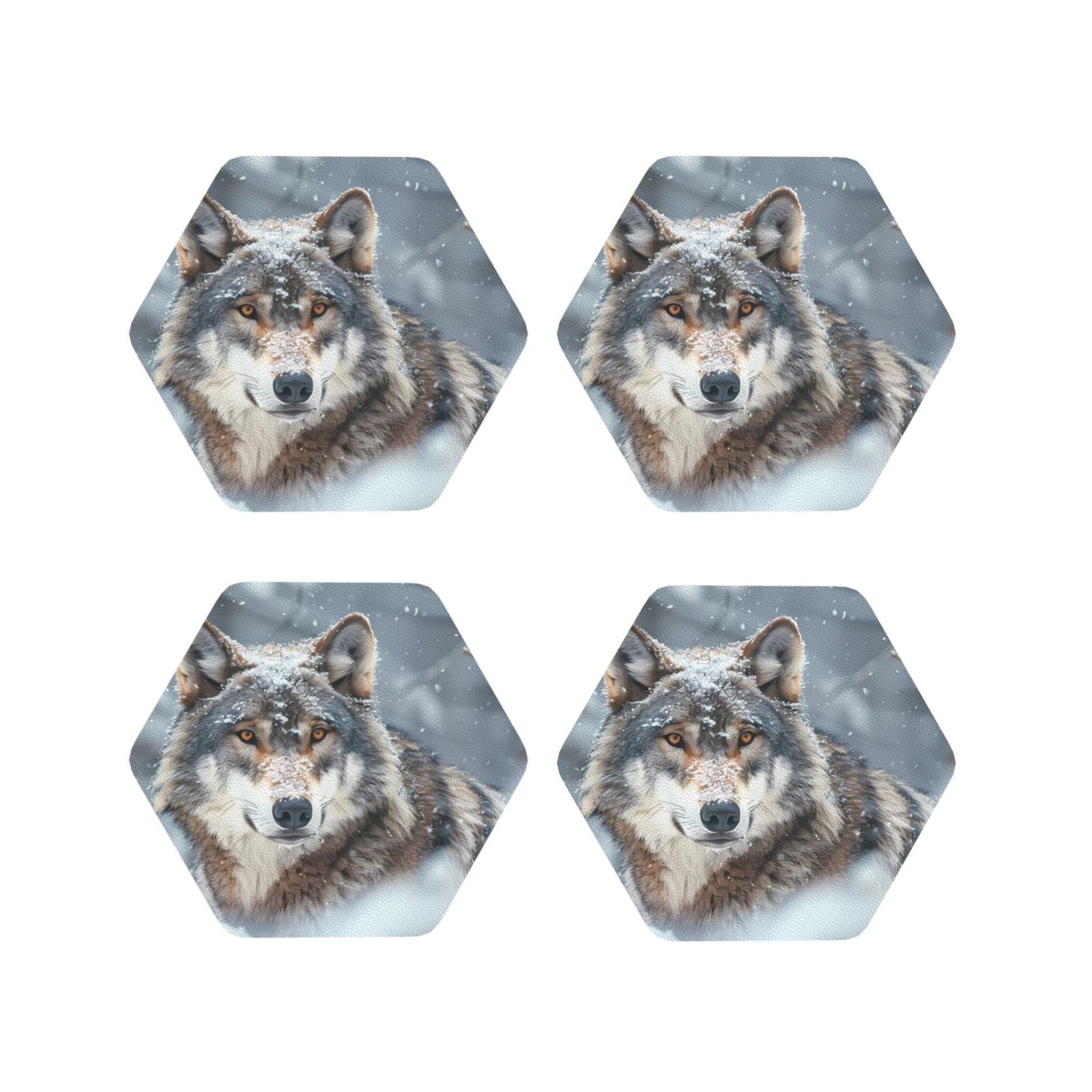 Fuzoiu Majestic Snowy Wolf Print Leather Coasters Set,Drink Coasters ...