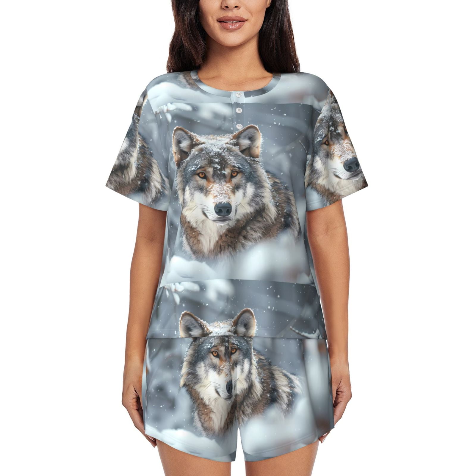 Fuzoiu Majestic Snowy Wolf Print Women's Short-Sleeved Pajama Set ...