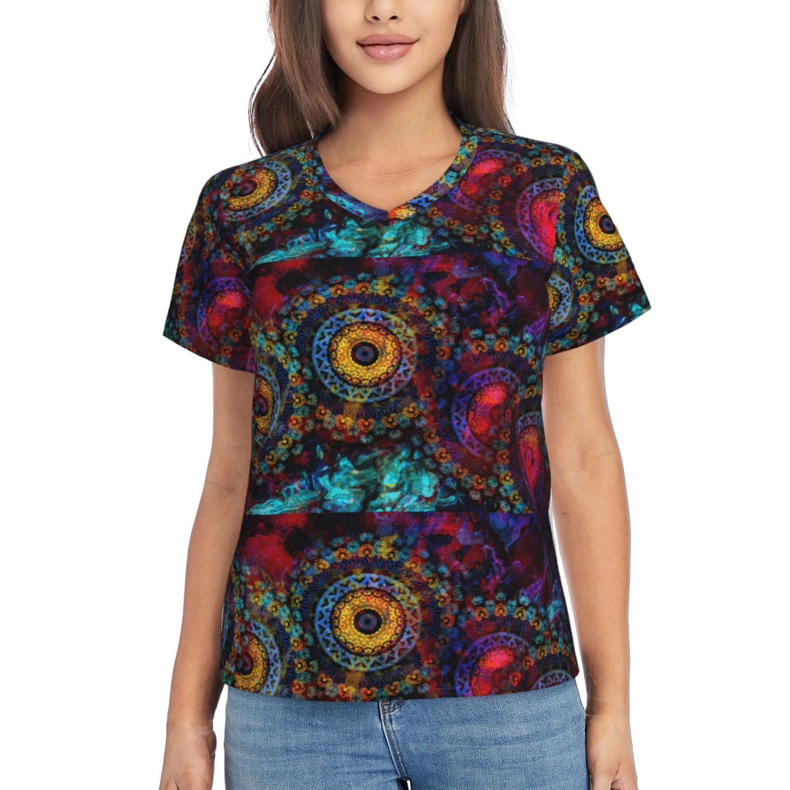 Fuzoiu Mandala Colorful Print Women's Classic V-Neck T-Shirt, Short ...