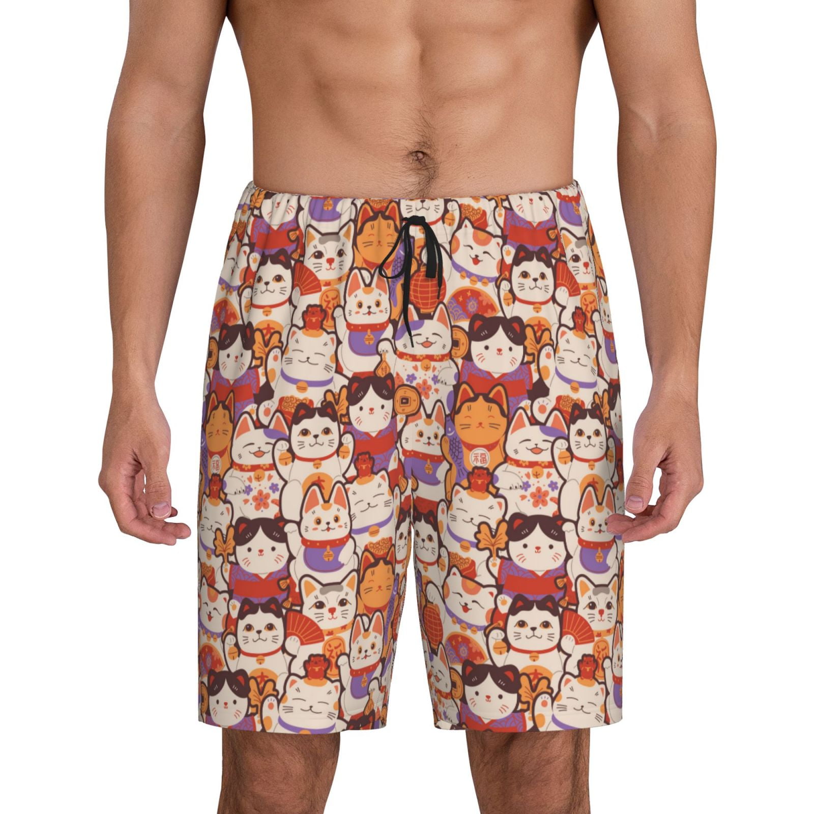 Fuzoiu Maneki-Neko Cats Print Pajama Shorts for Men, Men's Pajama ...