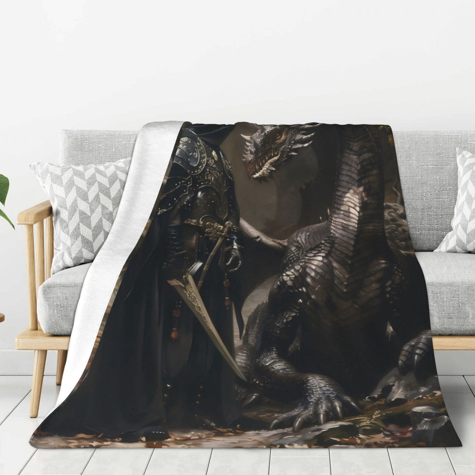 Fuzoiu Medieval Knight And Dragon Print Flannel Throw Blanket,Light ...