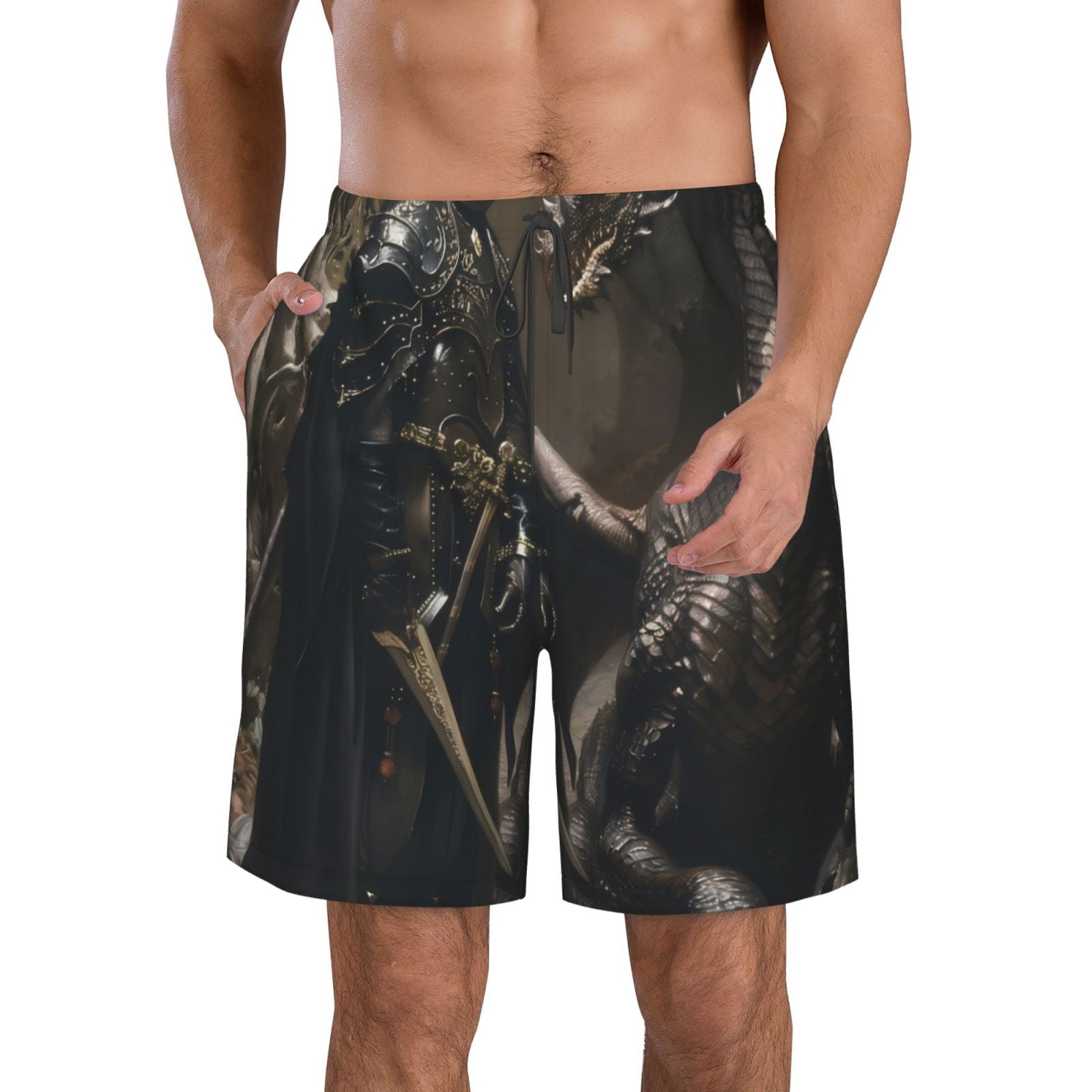 Fuzoiu Medieval Knight And Dragon Print Men's Beach Shorts,Men's Swim ...