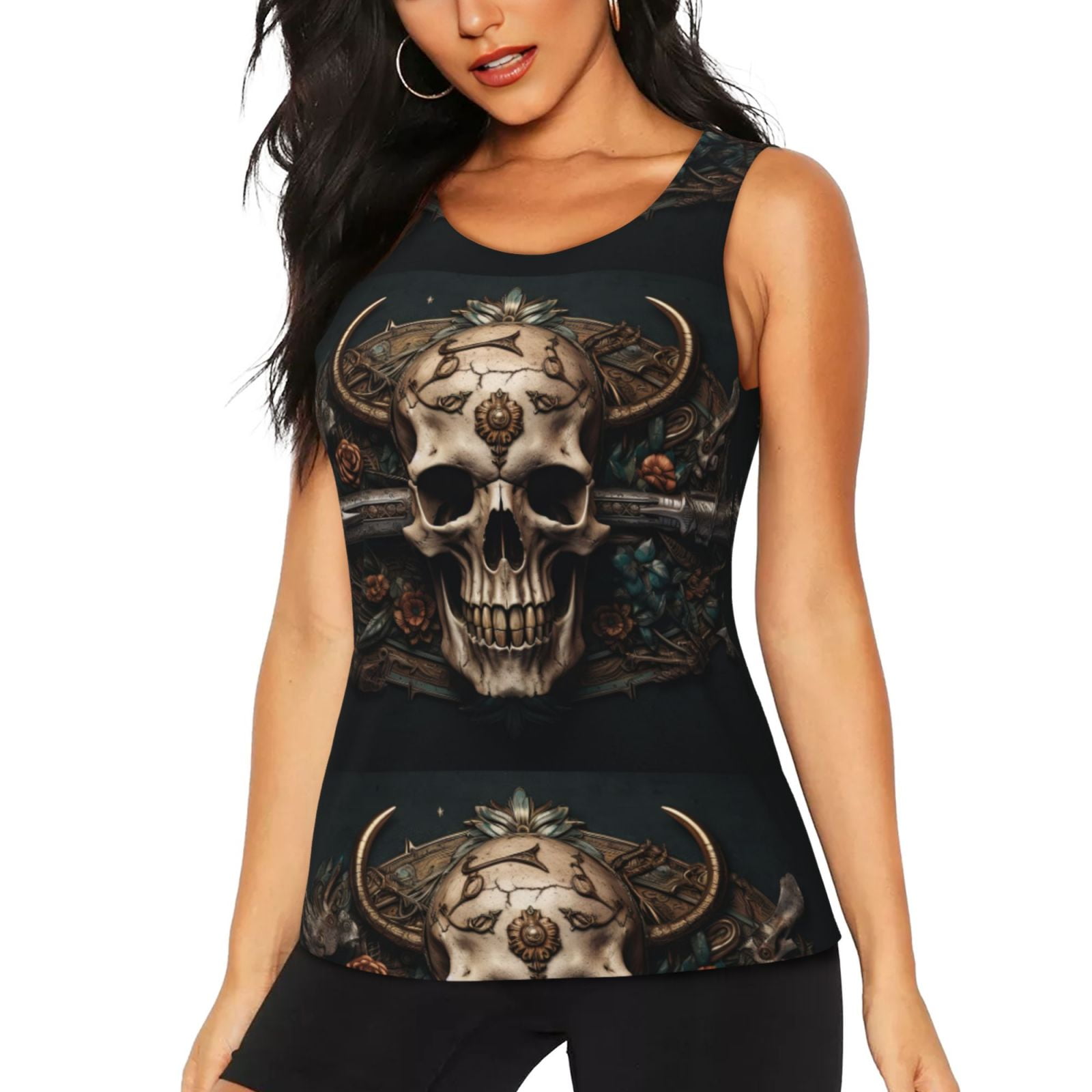 Fuzoiu Metal Style Horned Skull Print Women's Workout Tank Top,Athletic ...