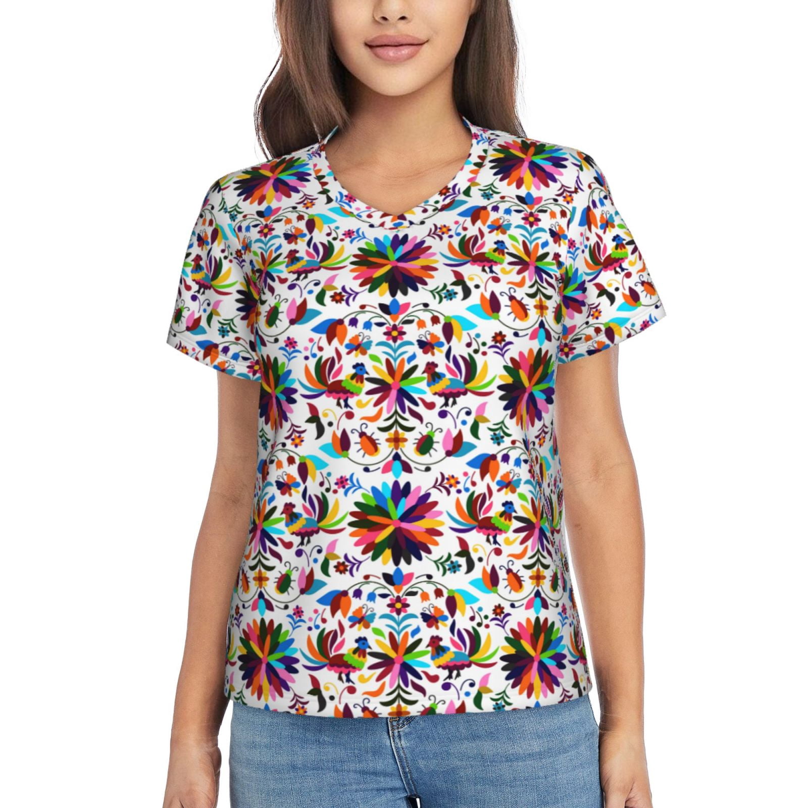 Fuzoiu Mexican Bright Style Print Women's Classic V-Neck T-Shirt, Short ...