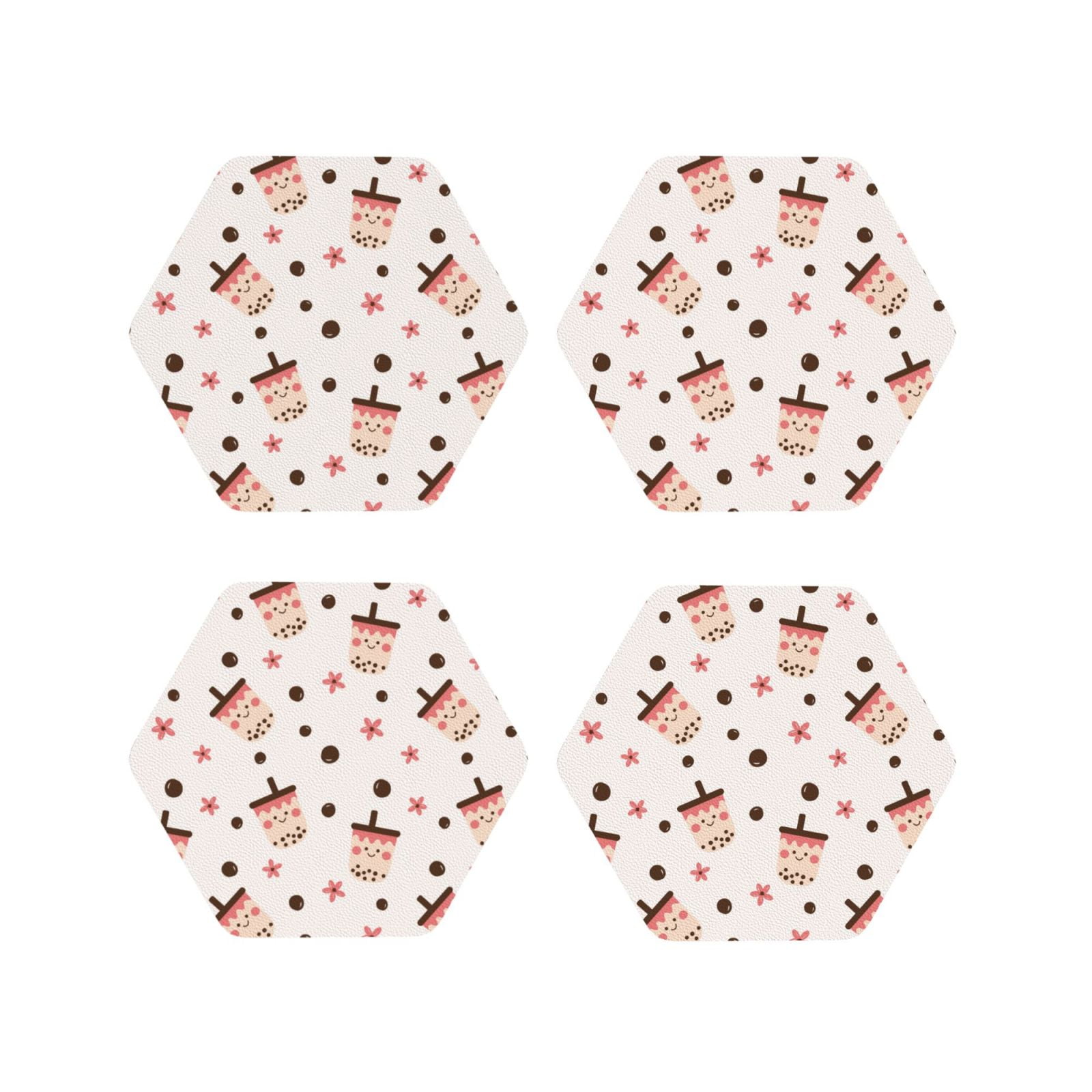 Fuzoiu Milk Tea Print Leather Coasters Set,Drink Coasters Set of 4,for ...