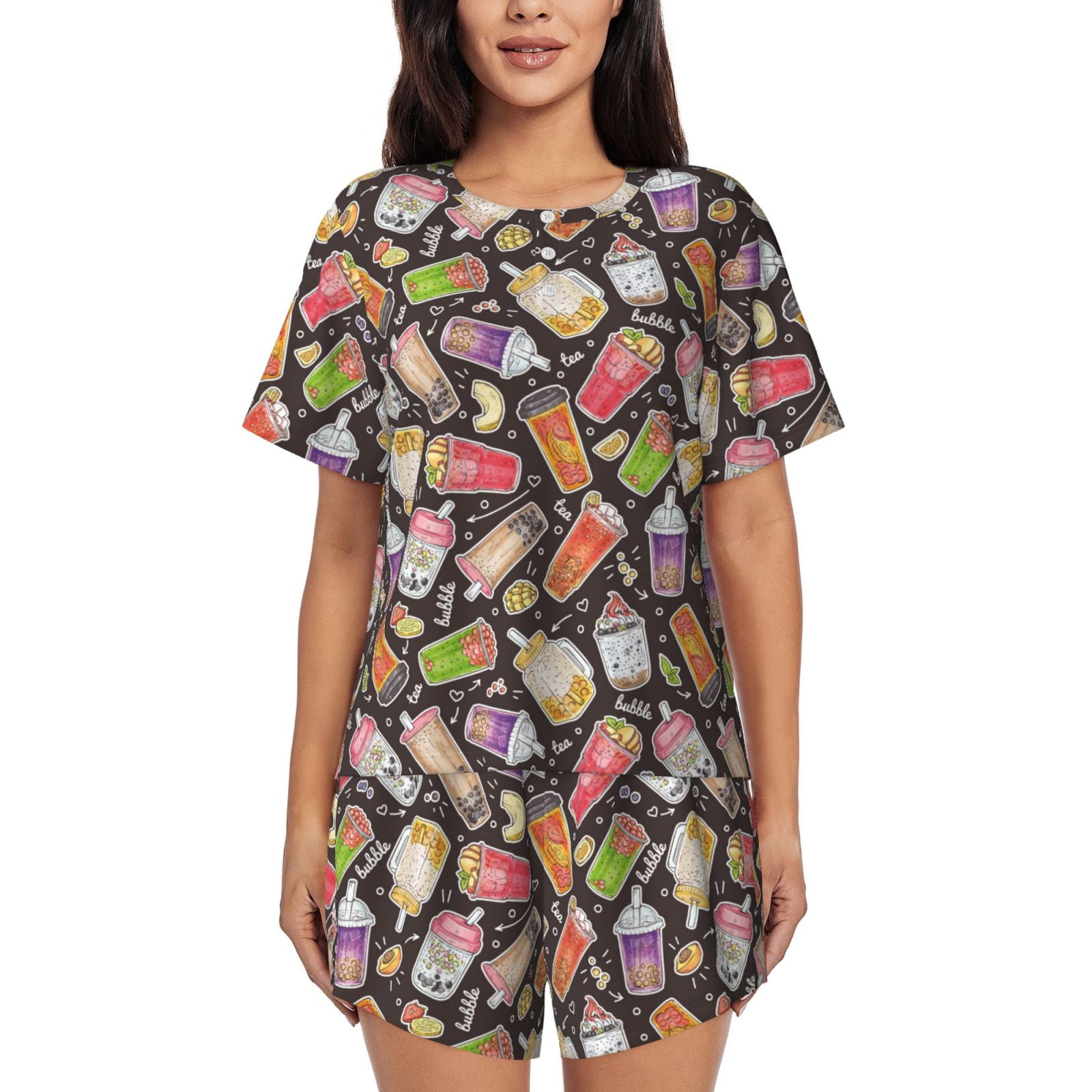 Fuzoiu Milk Tea Print Women's Short-Sleeved Pajama Set,Lounge Sleepwear ...