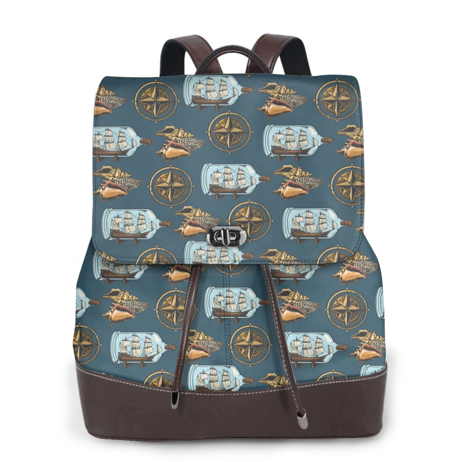 Fuzoiu Miniature Ship In Bottle Print Women's Leather Backpack,Backpack ...