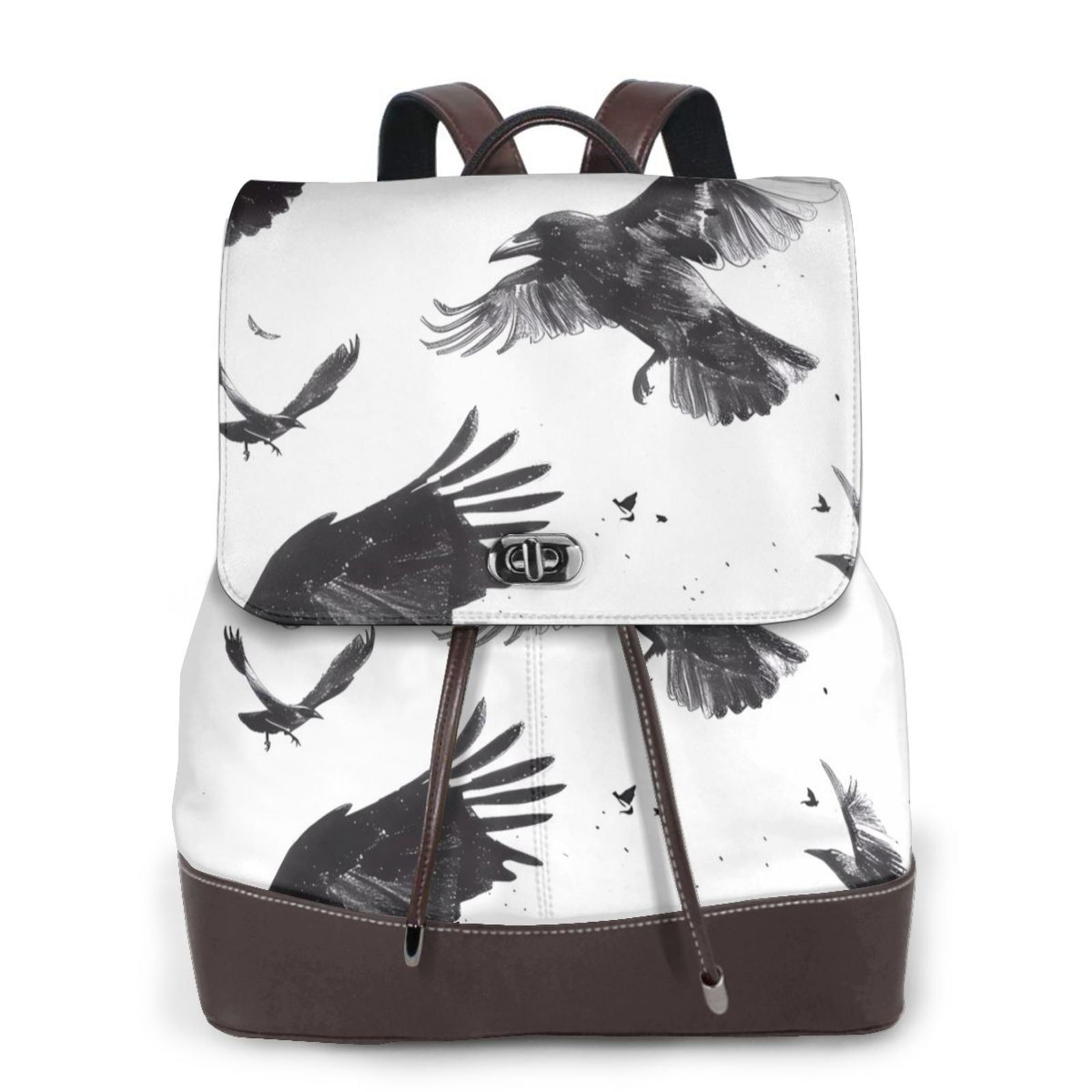 Fuzoiu Monochrome Flying Ravens Print Women's Leather Backpack,Backpack ...