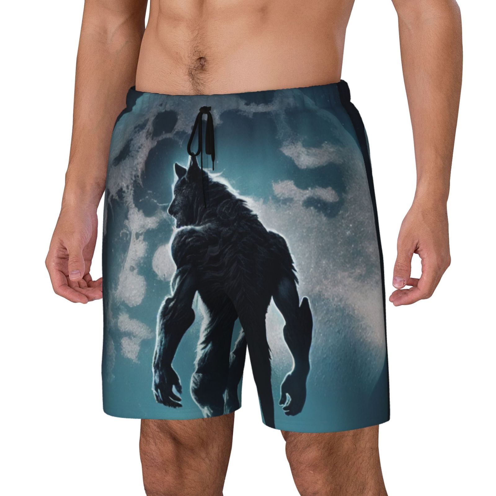 Fuzoiu Moon Wolf Warrior Print Men's Swim Shorts,Quick-Dry Double-Layer ...