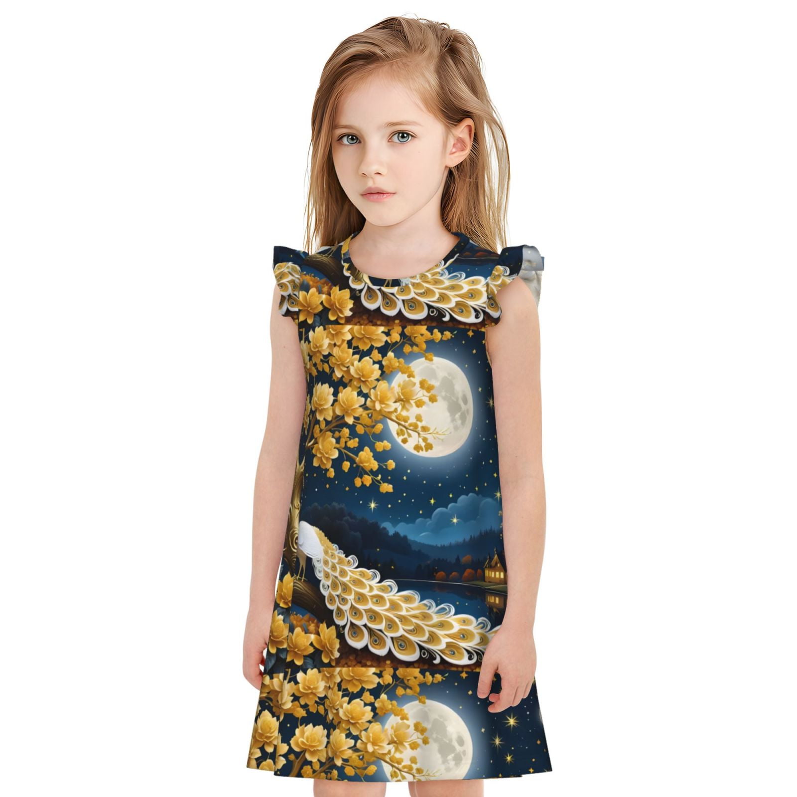 Fuzoiu Moonlit Golden Tree Peacock Print Girls' Nightgowns Pajamas ...