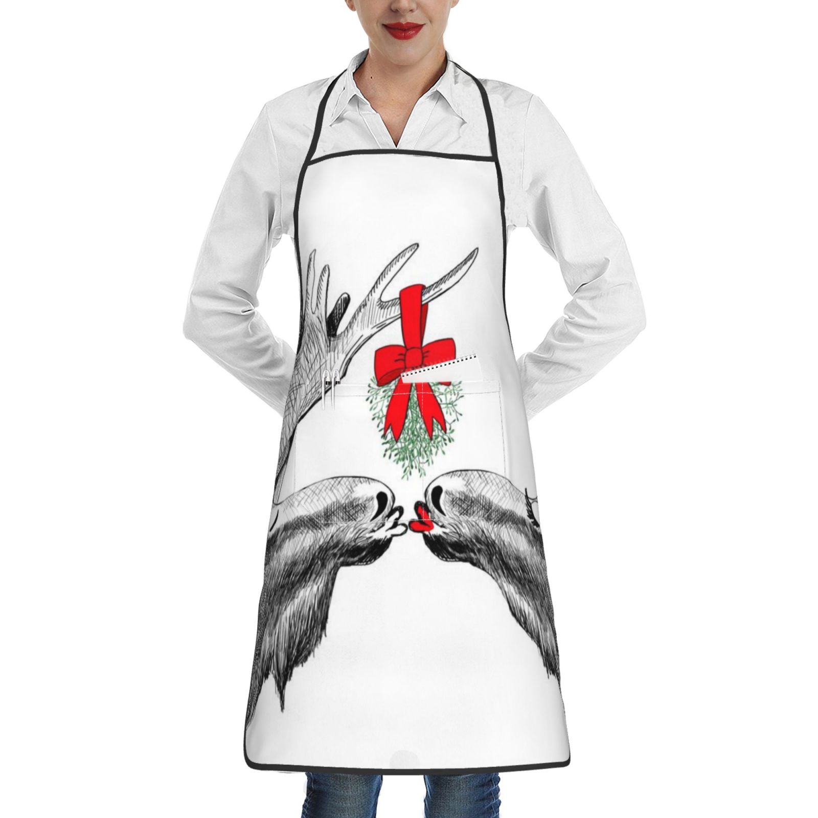 Fuzoiu Moose Kissing Under Mistletoe Print Kitchen Cooking Aprons ...