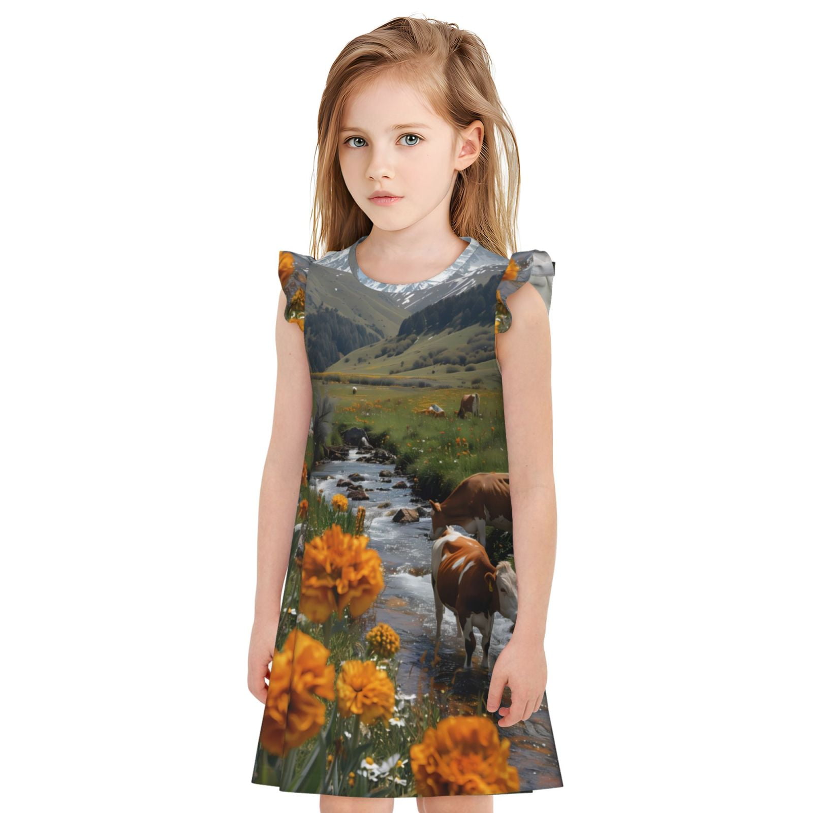 Fuzoiu Mountain Cows Flower Stream Print Girls' Nightgowns Pajamas Dress,Girls Nightgowns,Girls ...