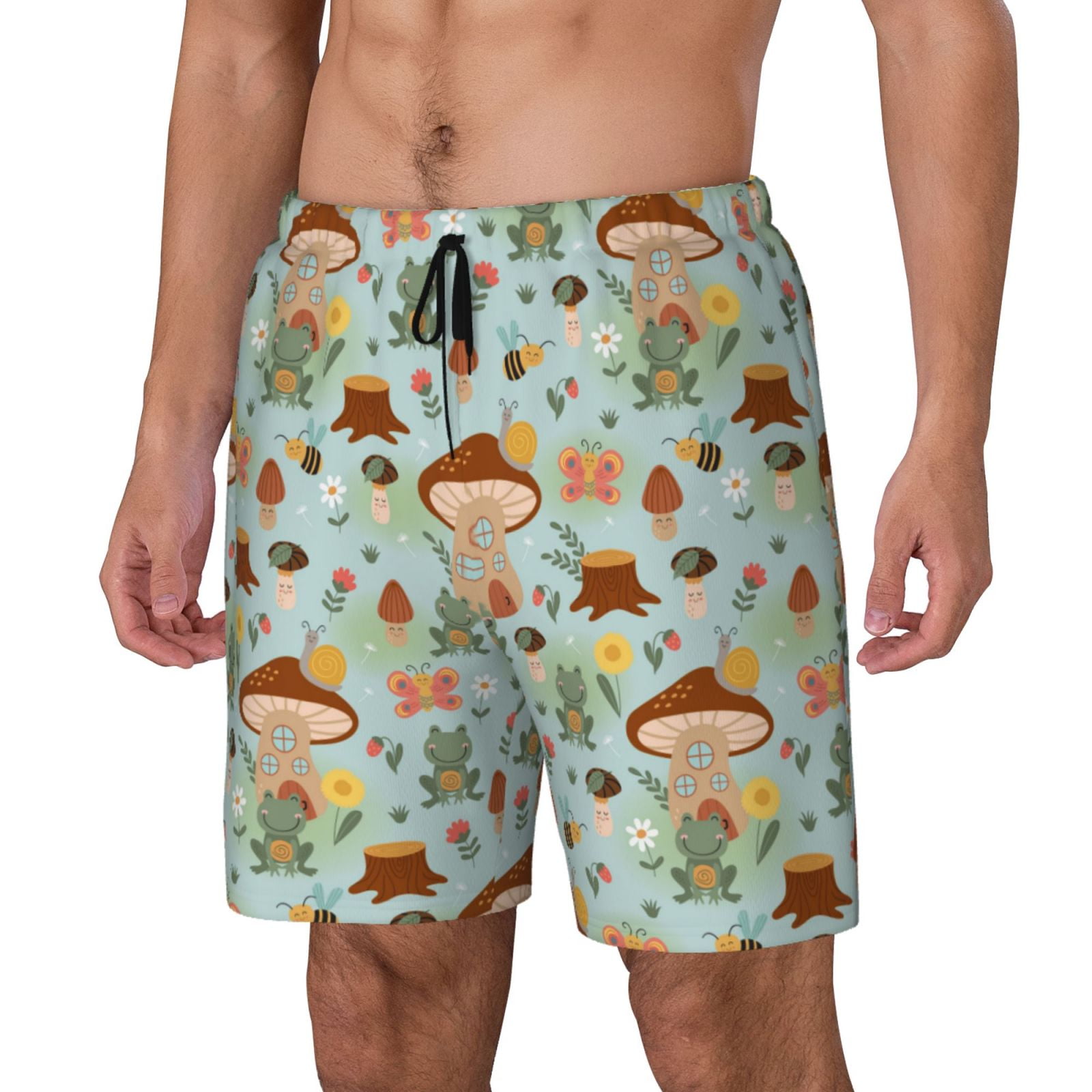 Fuzoiu Mushroom House Insect Frog Print Men's Swim Shorts,Quick-Dry ...