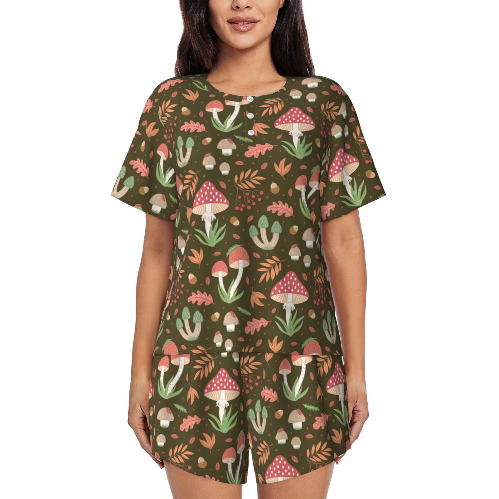 Fuzoiu Mushrooms And Autumn Leaves Print Women's Short-Sleeved Pajama ...