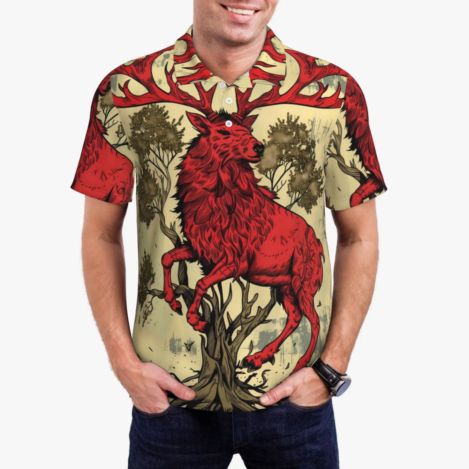 Fuzoiu Mythical Red Stag Illustration Print Men's Polo Shirts Short ...