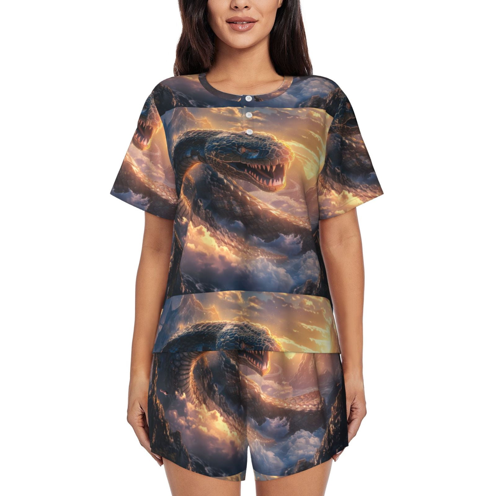 Fuzoiu Mythical Serpent Mountain Sunrise Print Women's Short-Sleeved ...
